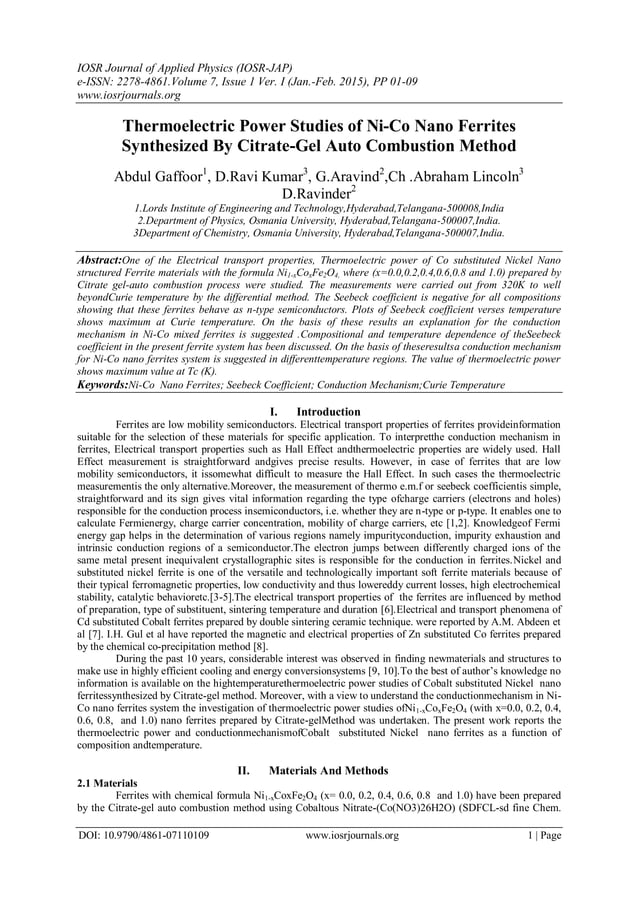 Thermoelectric Power Studies of Ni-Co Nano Ferrites Synthesized By ...