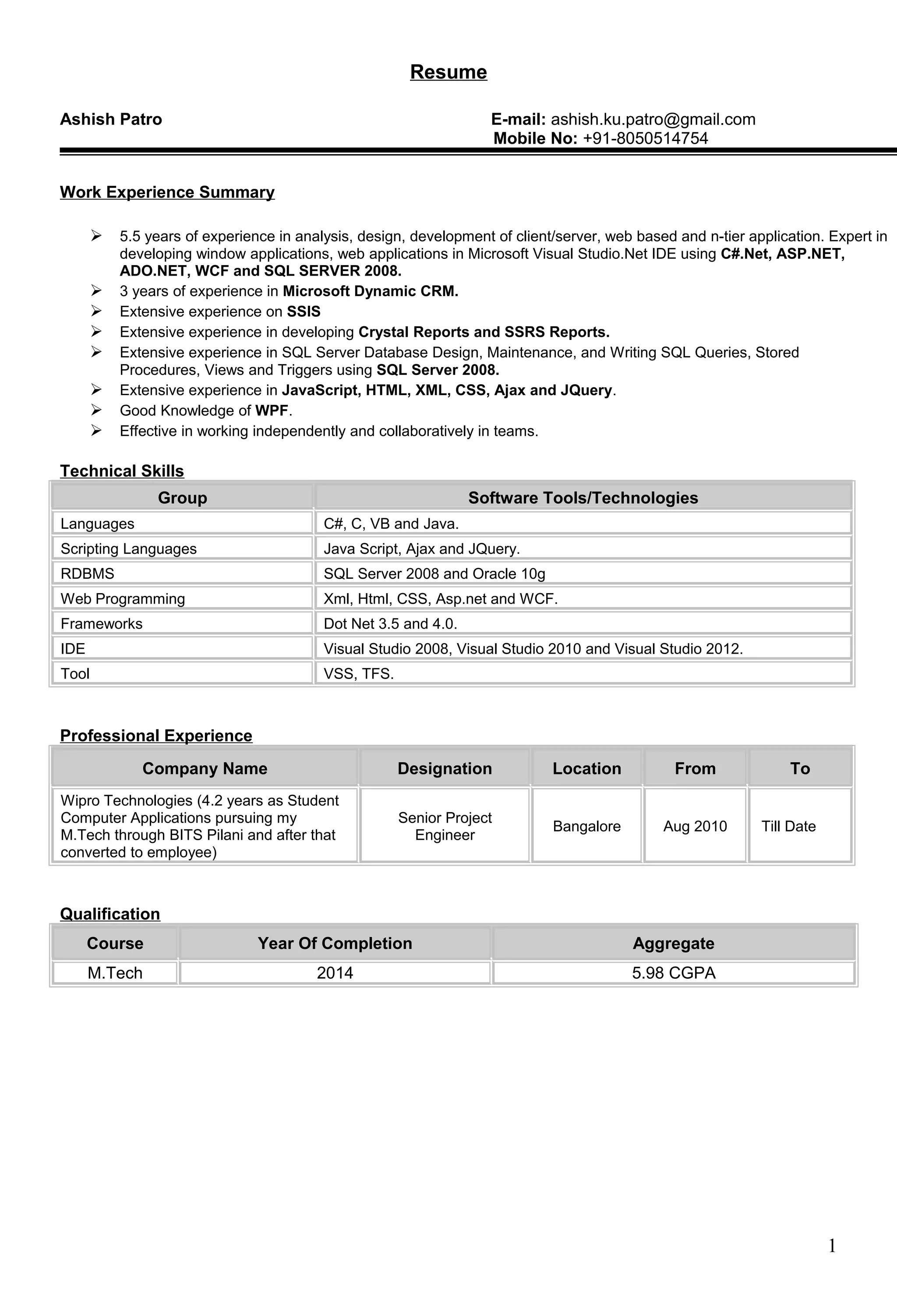 Ashish Patro | DOC | Databases | Computer Software and Applications