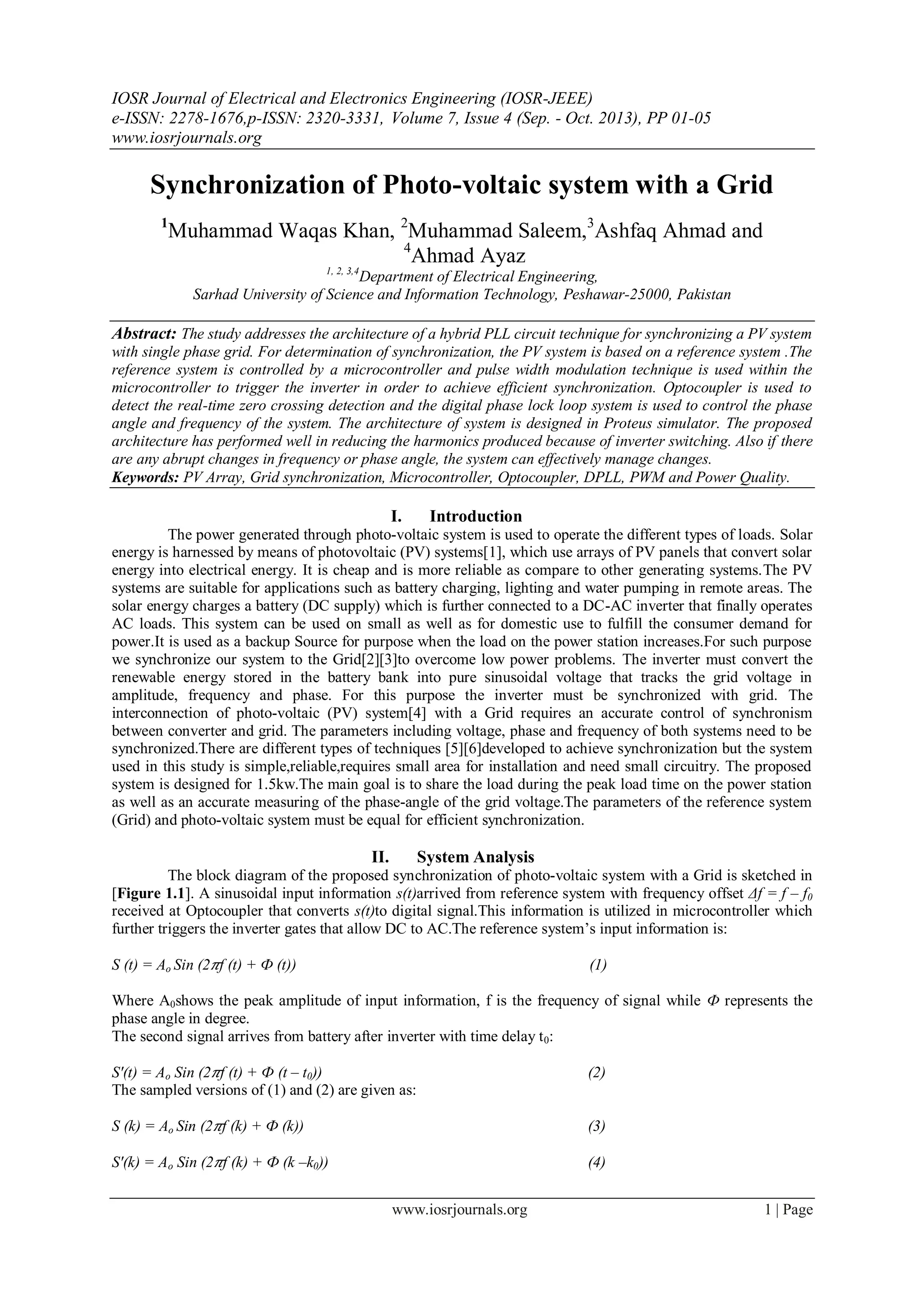 Synchronization of Photo-voltaic system with a Grid | PDF