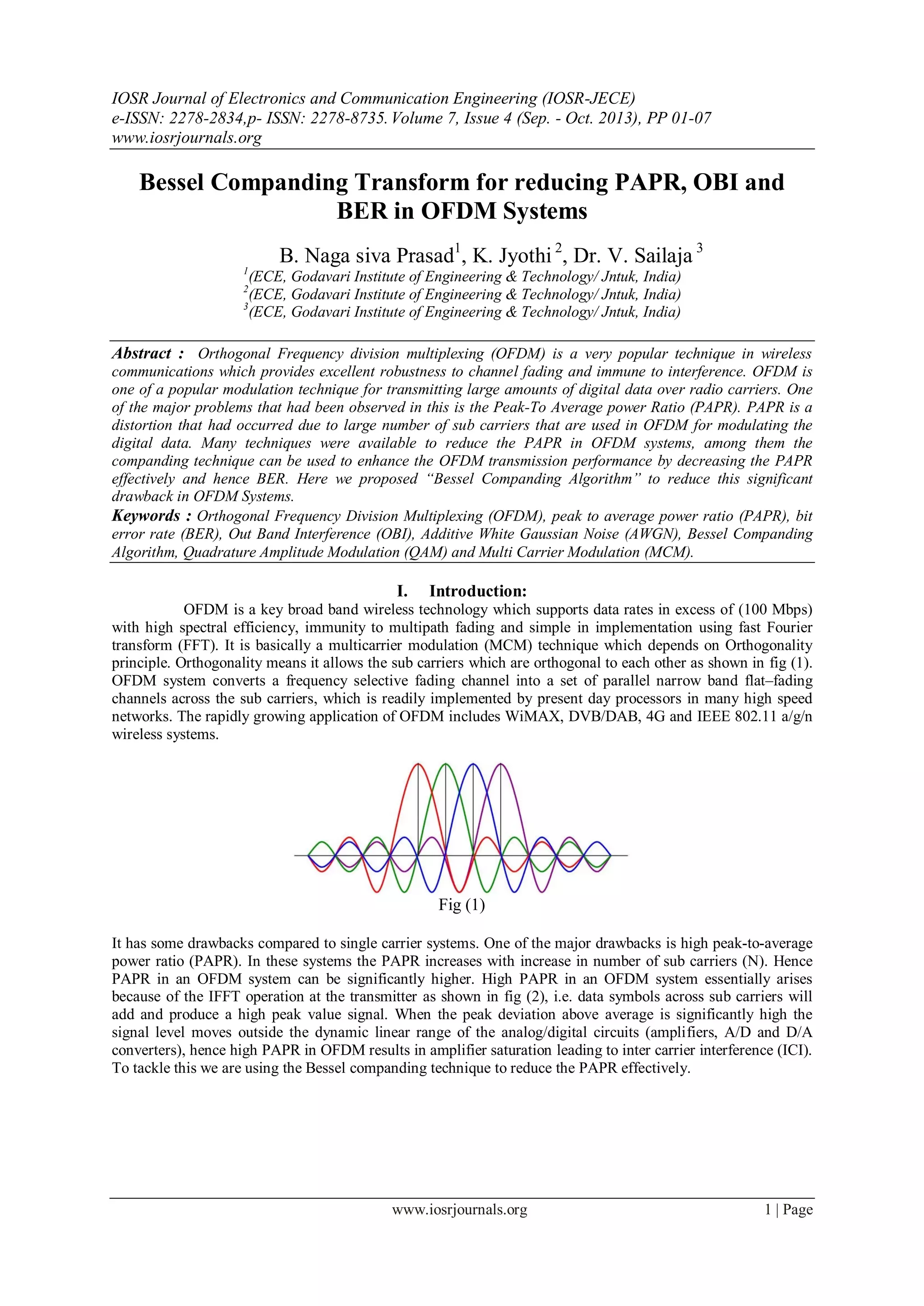 Bessel Companding Transform for reducing PAPR, OBI and BER in OFDM Systems | PDF
