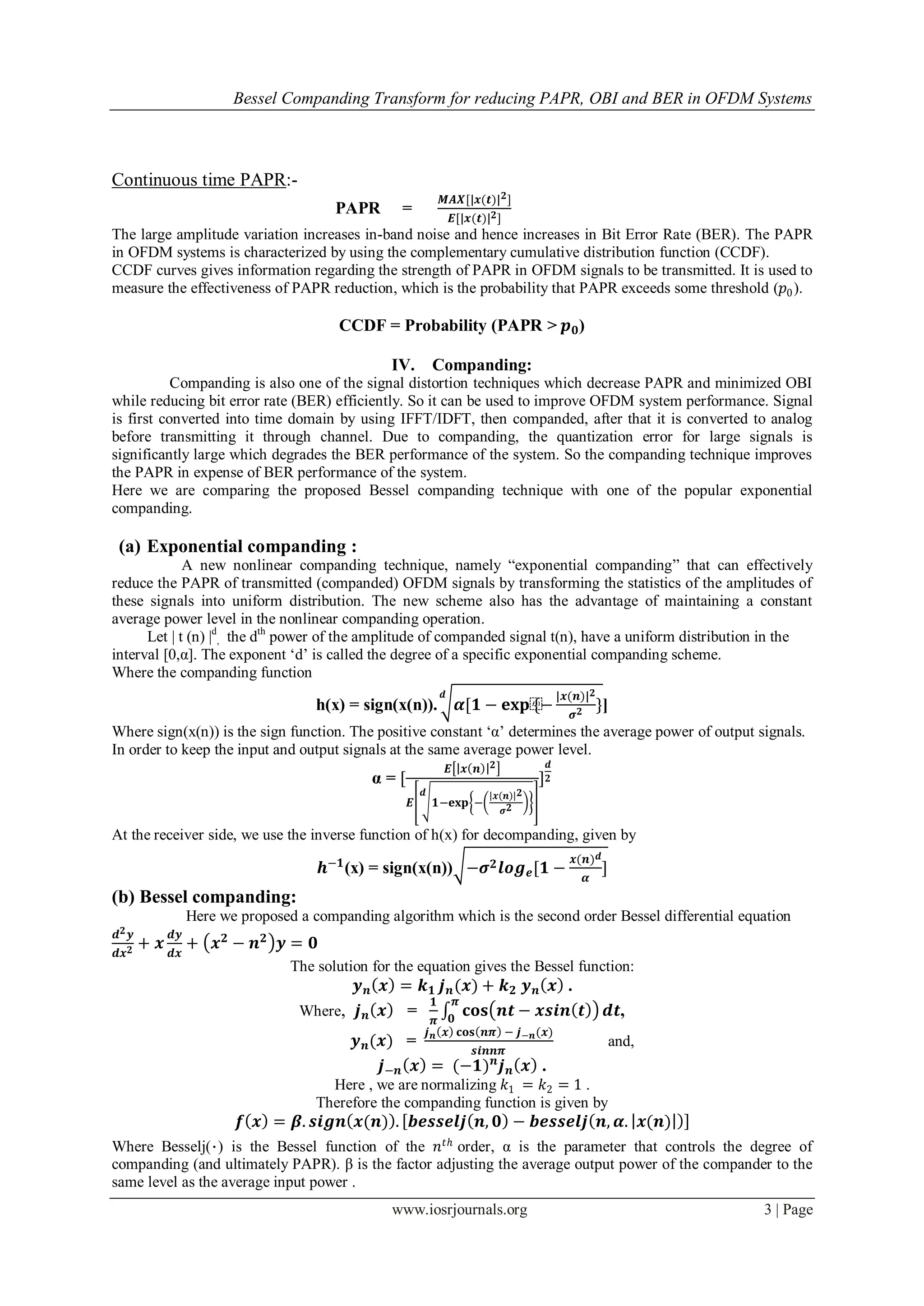 Bessel Companding Transform for reducing PAPR, OBI and BER in OFDM Systems | PDF