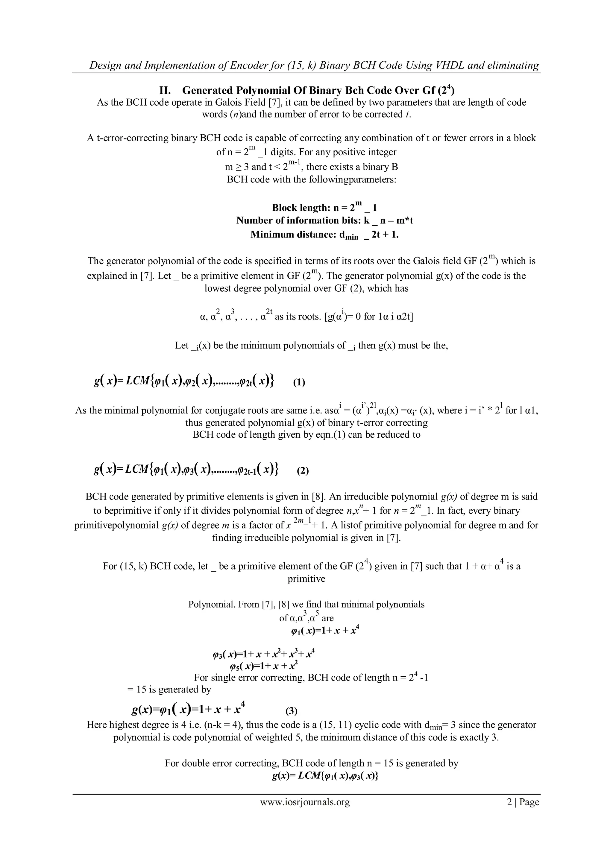 Design and Implementation of Encoder for (15, k) Binary BCH Code Using VHDL and eliminating the ...