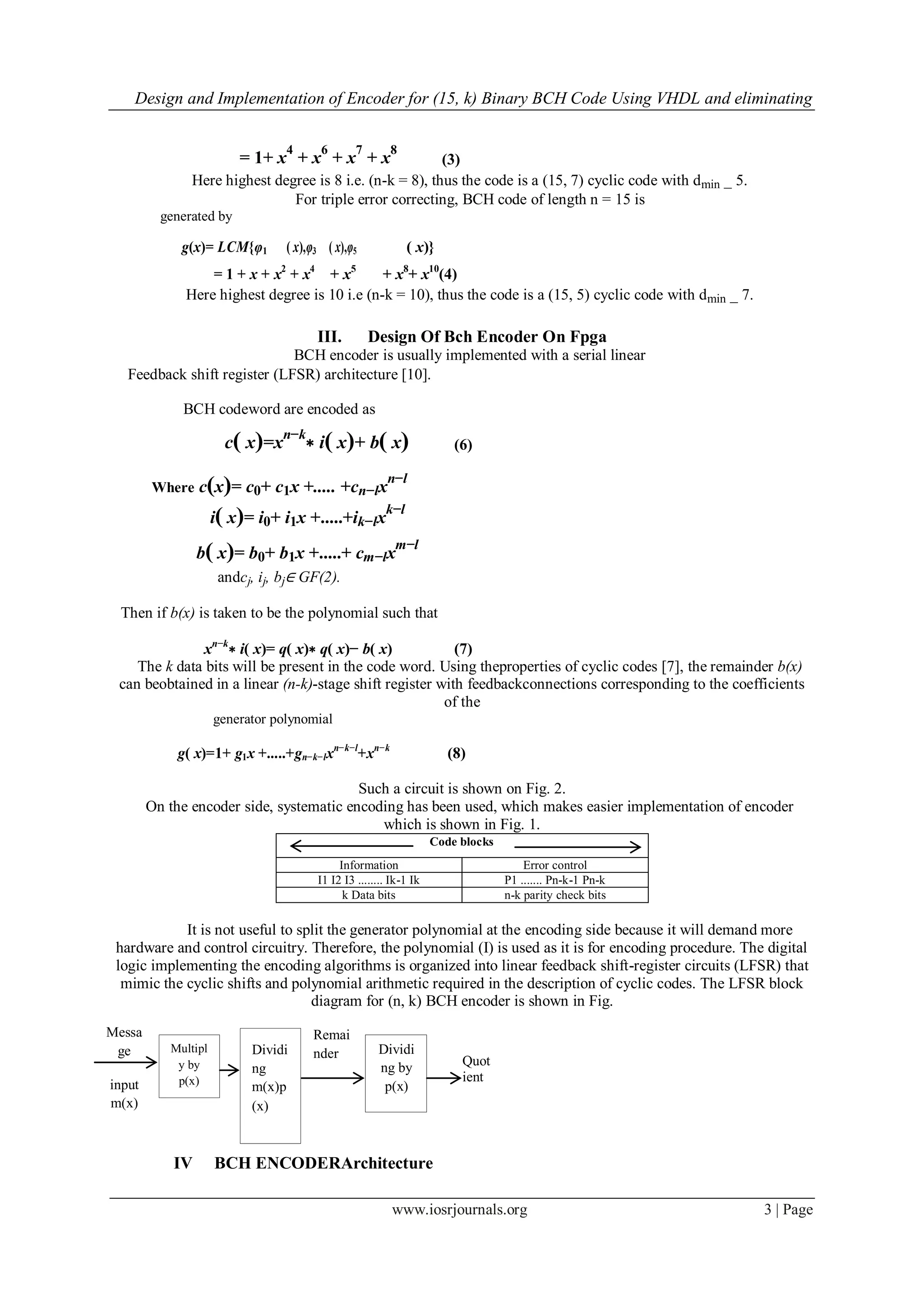 Design and Implementation of Encoder for (15, k) Binary BCH Code Using VHDL and eliminating the ...