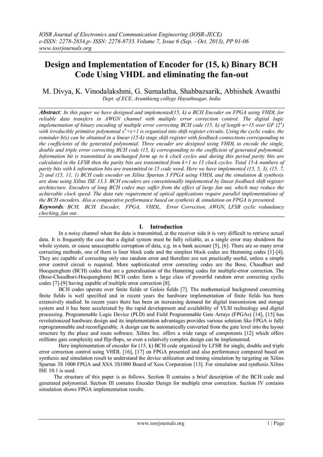 Design and Implementation of Encoder for (15, k) Binary BCH Code Using VHDL and eliminating the ...