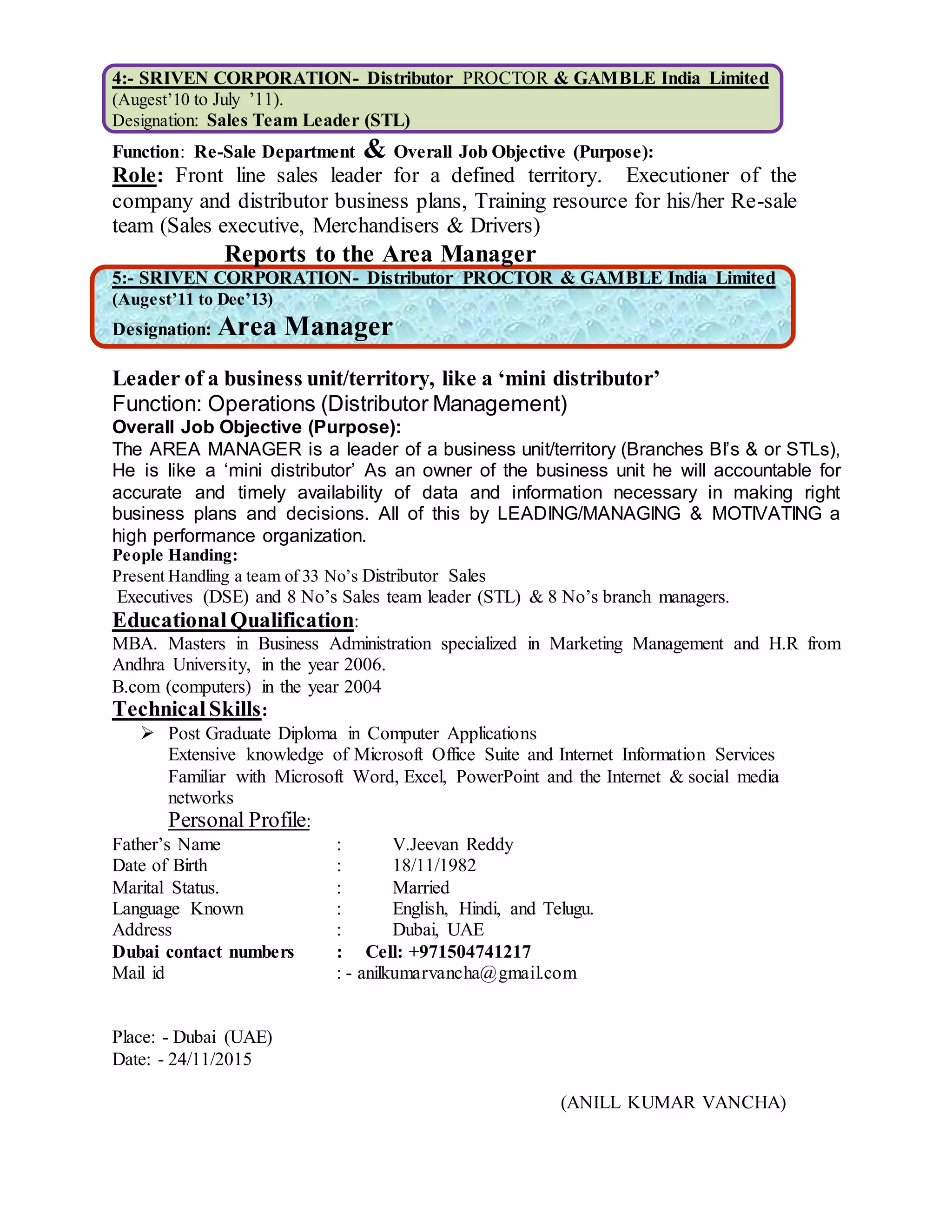 Curriculum Vitae anil kumar vancha UAE May 2016 | DOCX