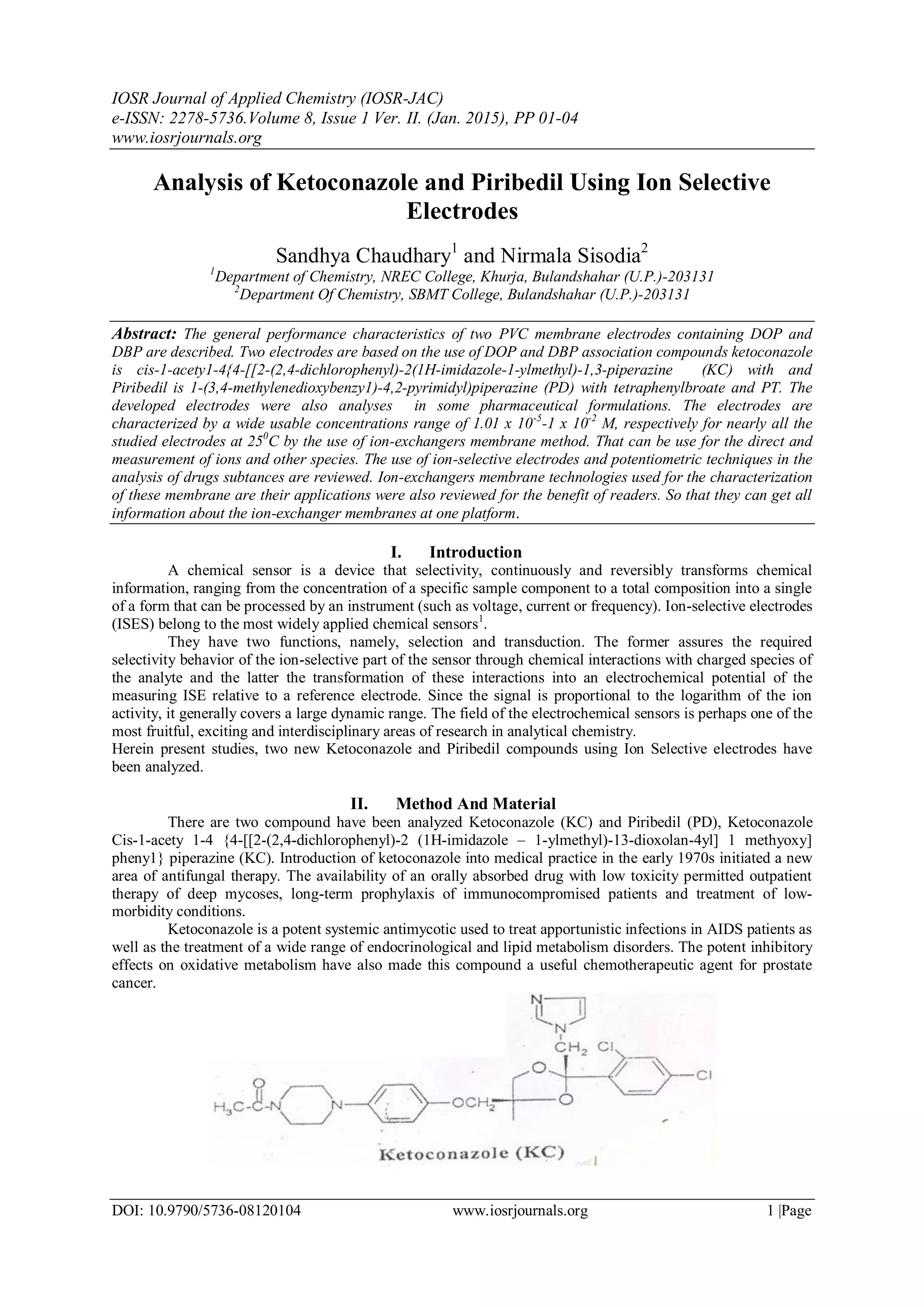 Analysis of Ketoconazole and Piribedil Using Ion Selective Electrodes | PDF