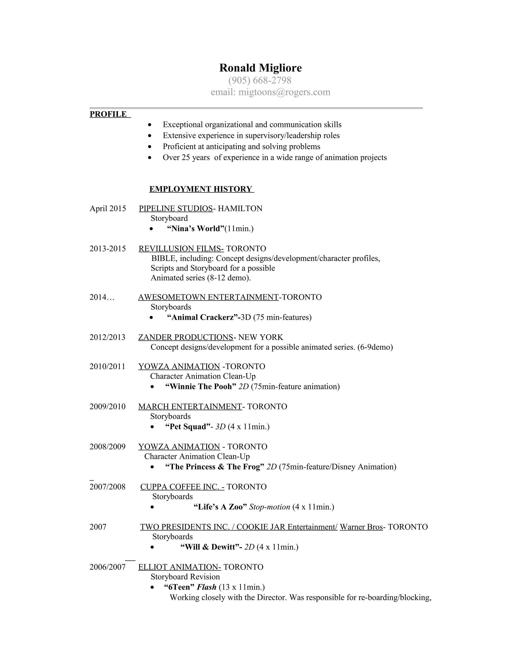 RESUME - Ron Migliore (2015) | DOC | Video Production | Content Production