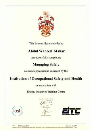 IOSH-MS Certificate | PDF