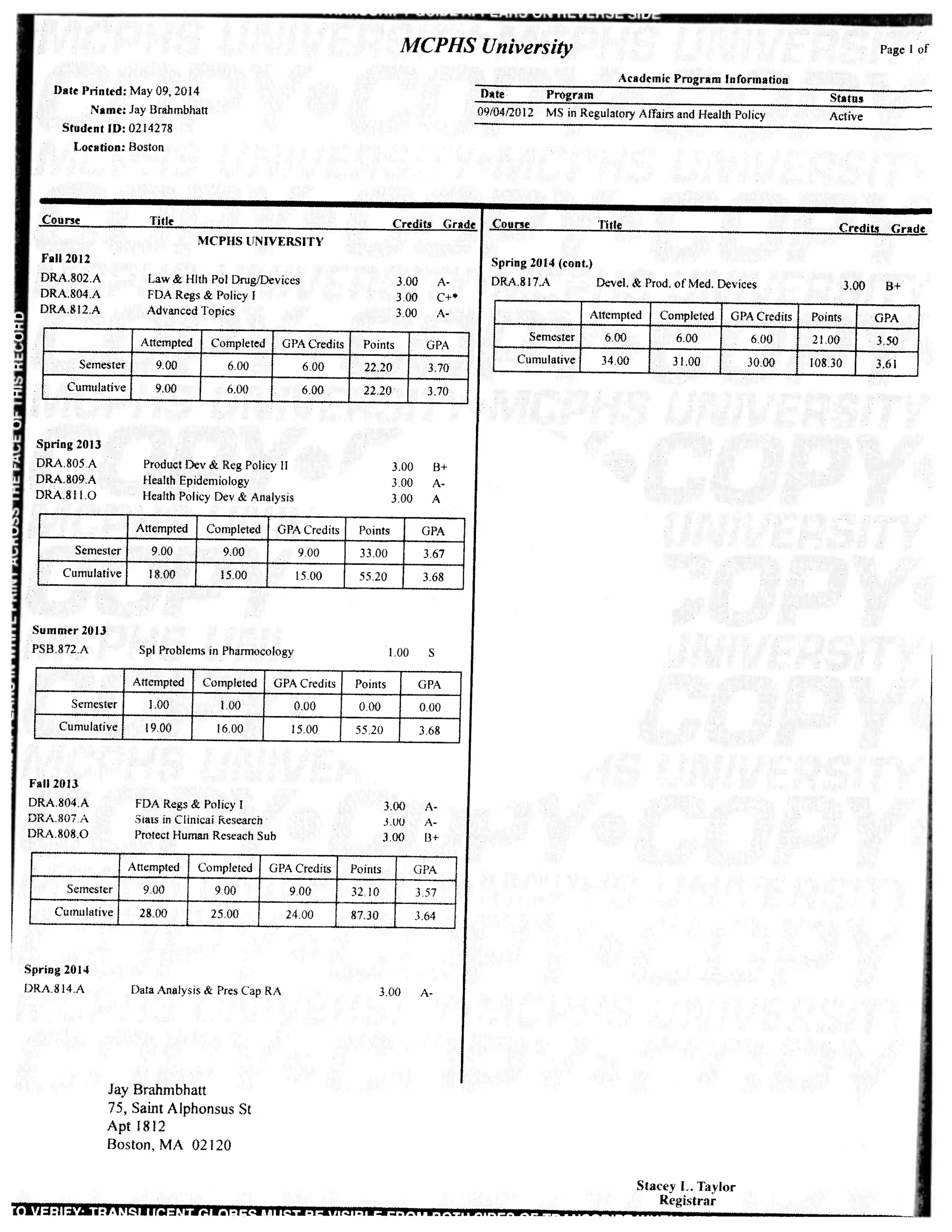 Transcript of my Masters Degree | PDF