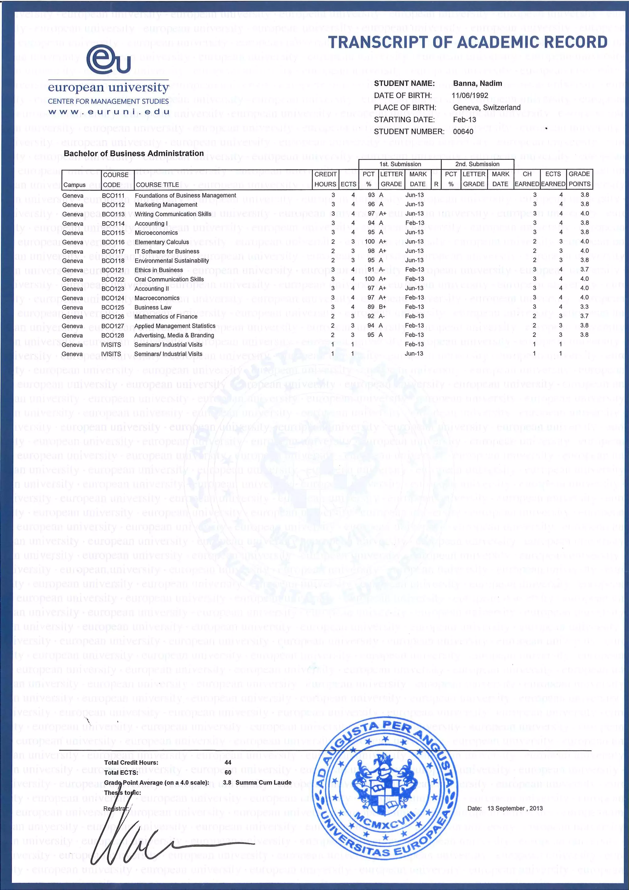EU 1st year transcript | PDF