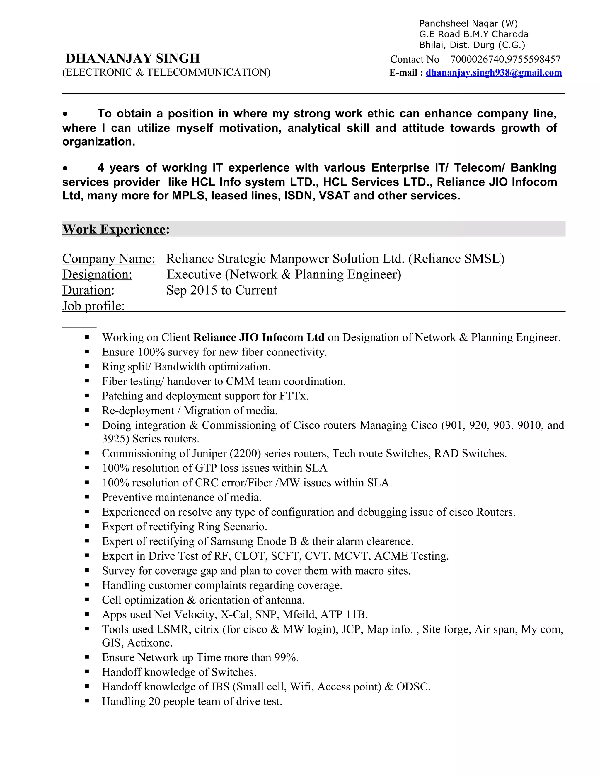 CCNA WITH 4YR EXP. NETWORK ENGIEER(Dhananjay singh) | DOC