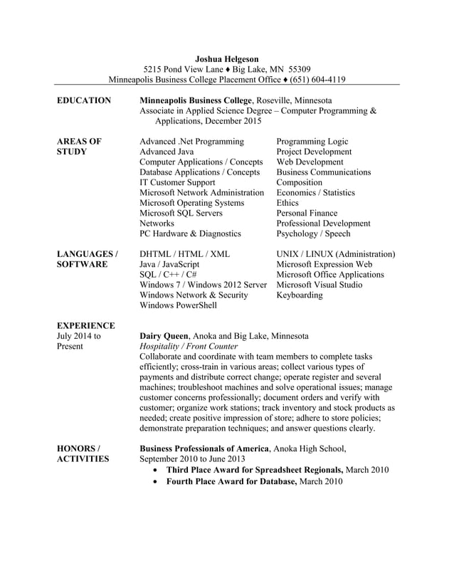 Helgeson Joshua Resume | DOC | Computing | Technology & Computing