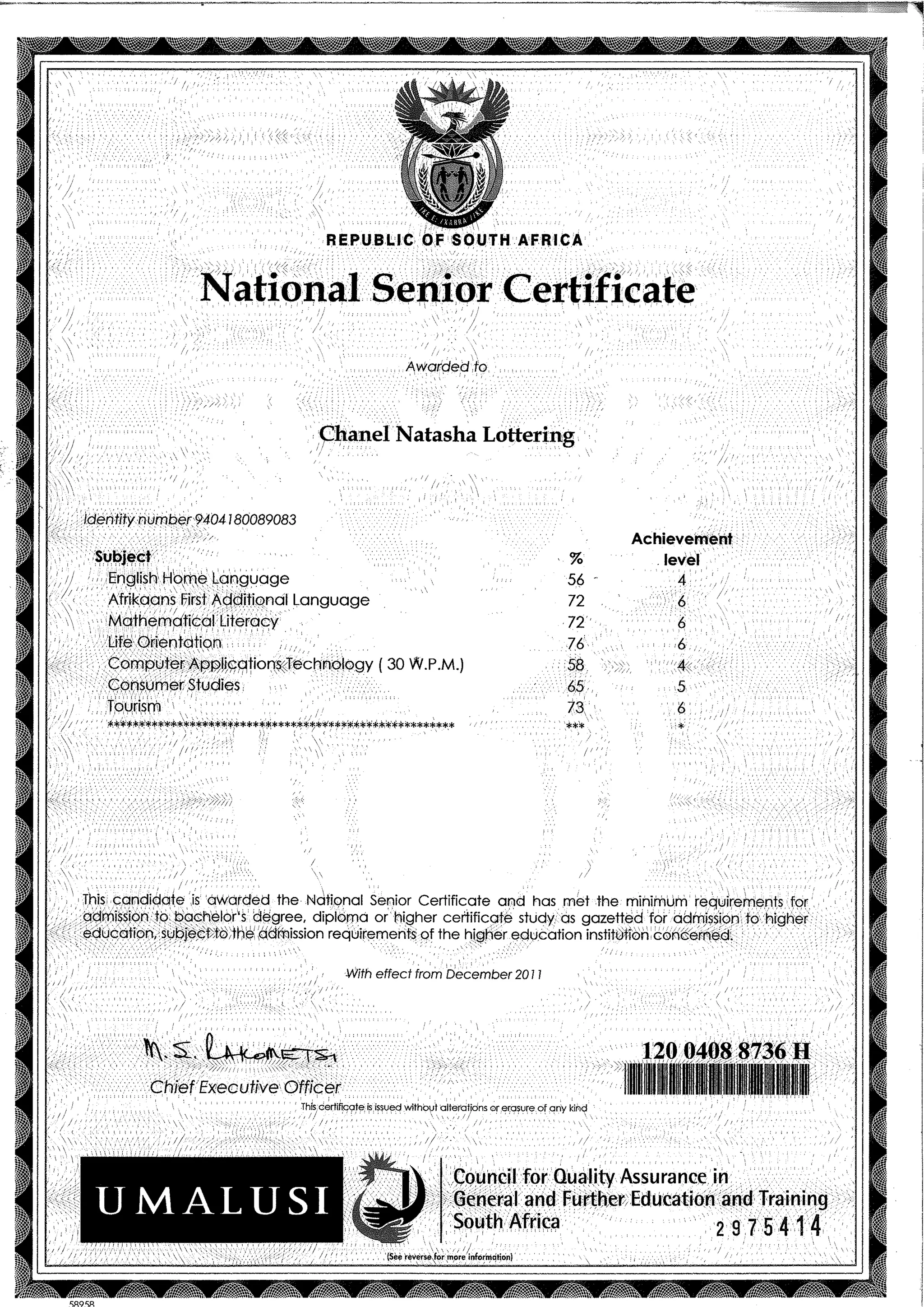 Matric certificate | PDF
