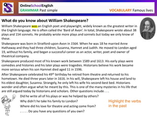 A1 Past simple - Shakespeare | PPT