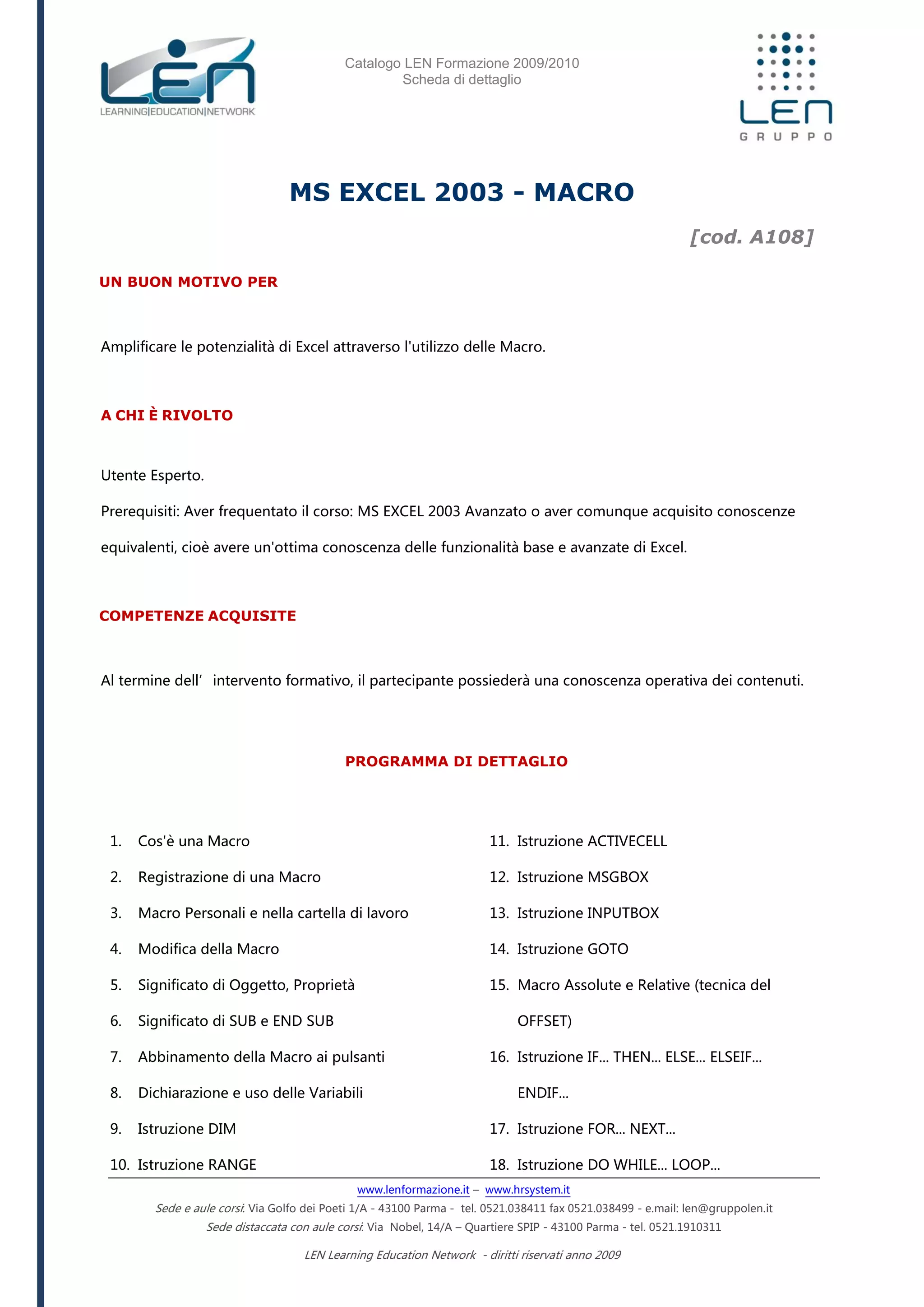 MS Excel 2003 macro - Scheda corso LEN | PDF