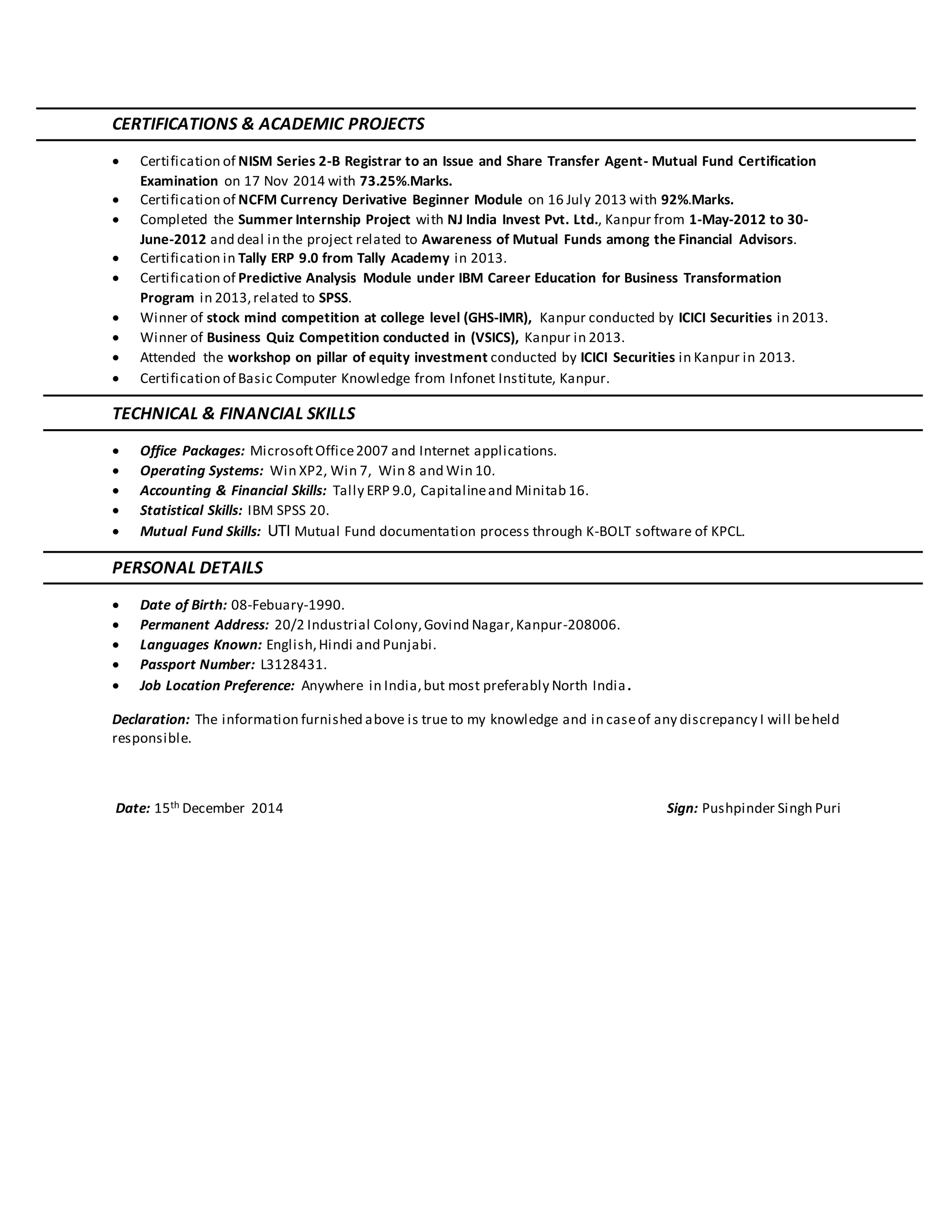 Pushpinder Singh Puri Resume work experience | DOCX