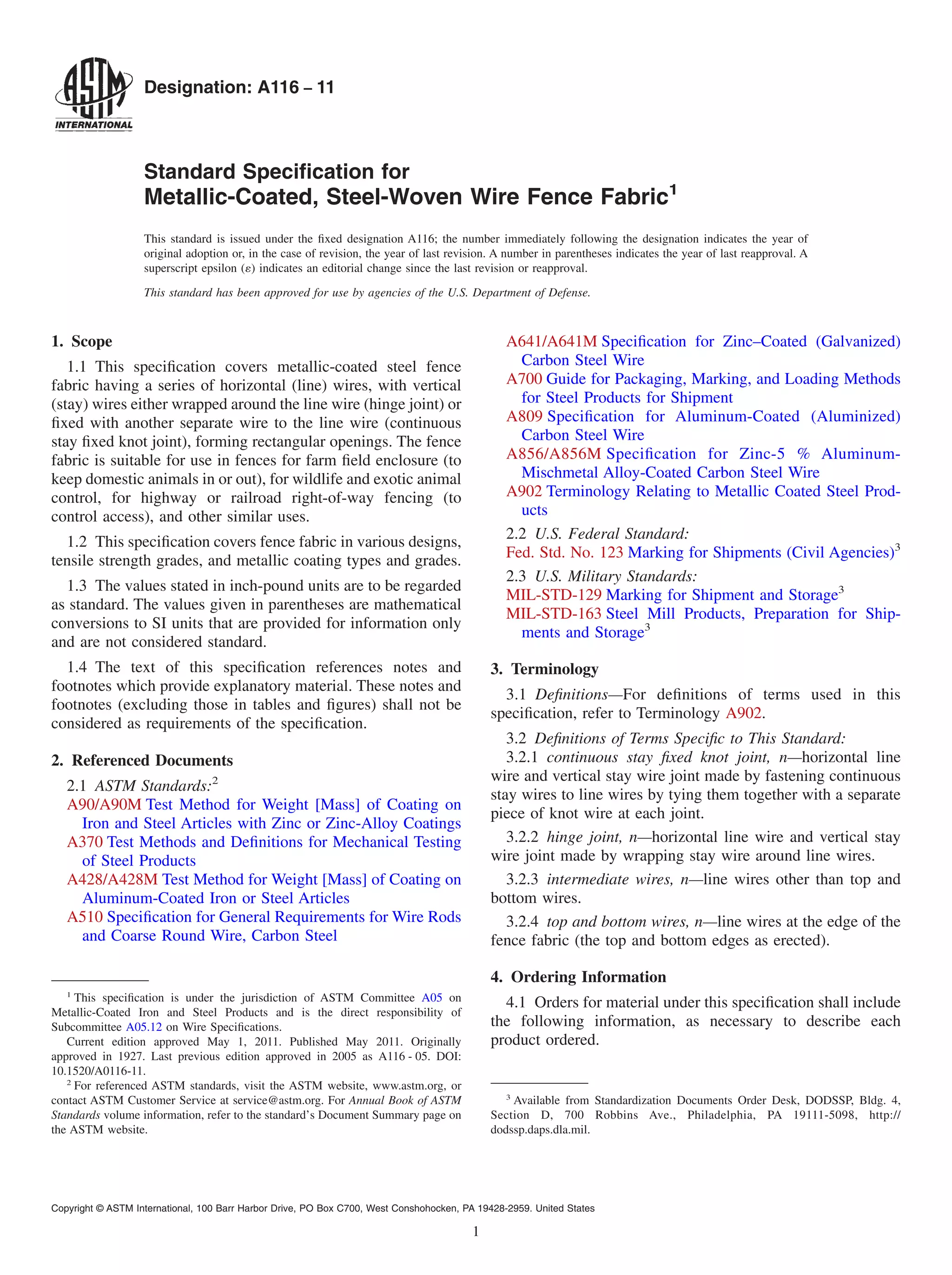 A116 11 standard specification for metallic-coated, steel woven wire ...