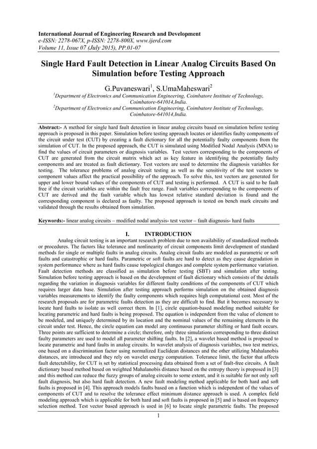 Single Hard Fault Detection In Linear Analog Circuits Based On Simulation Before Testing