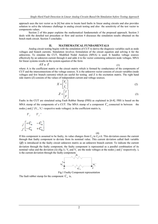Single Hard Fault Detection In Linear Analog Circuits Based On