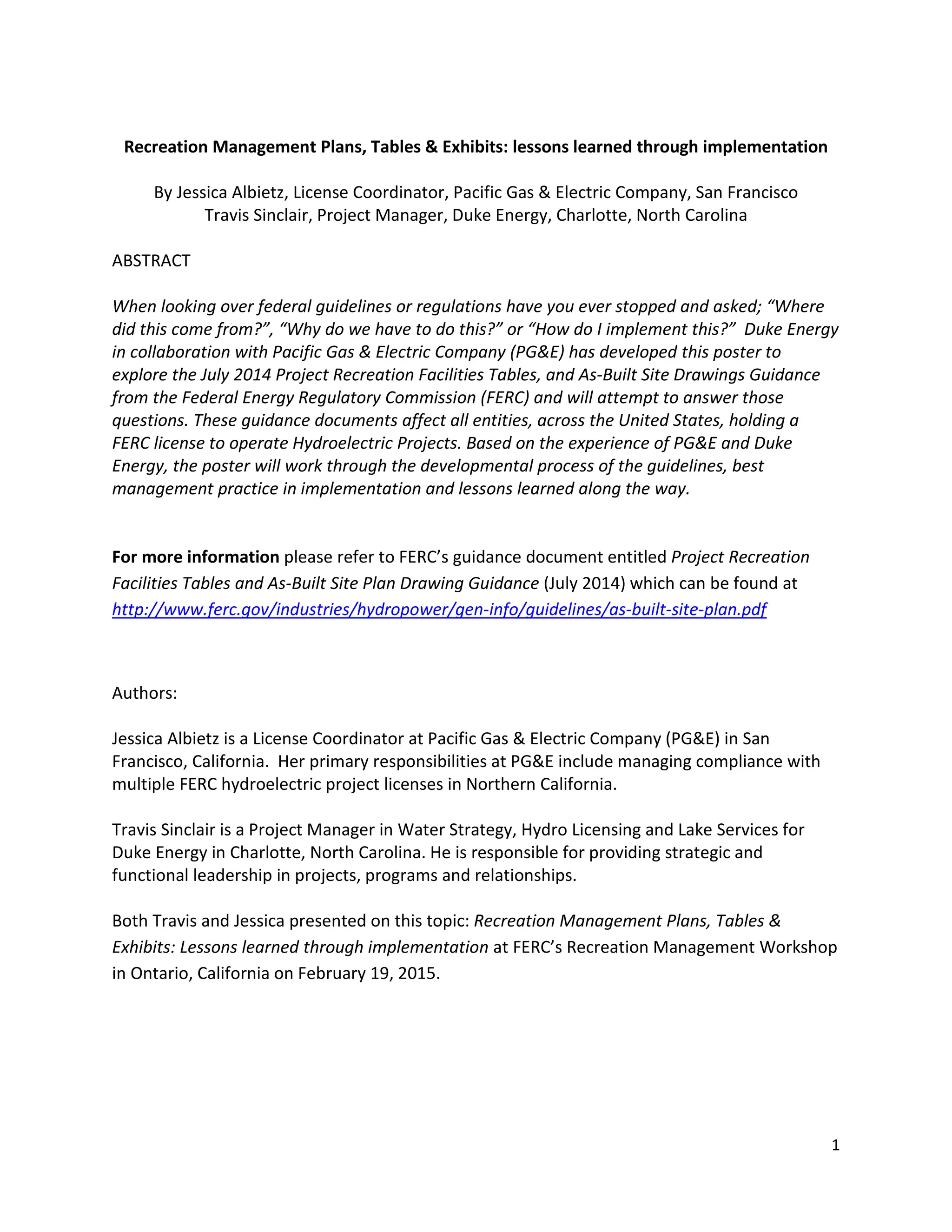 HydroVision 2015 Manuscript and Poster by PG&E and Duke_re FERC ...