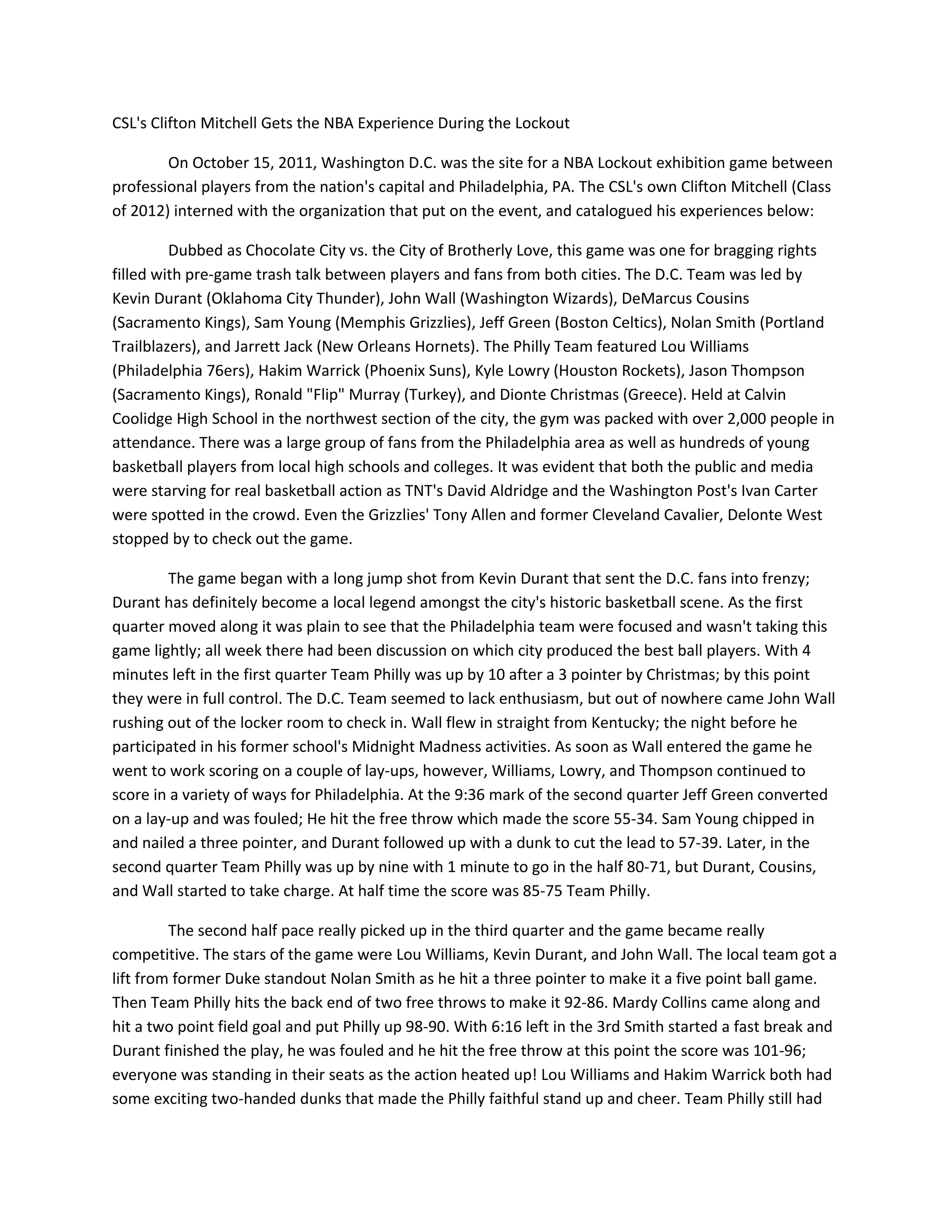 Clifton Mitchell II VCU CSL NBA Lockout Game Write-Up | DOC | College ...