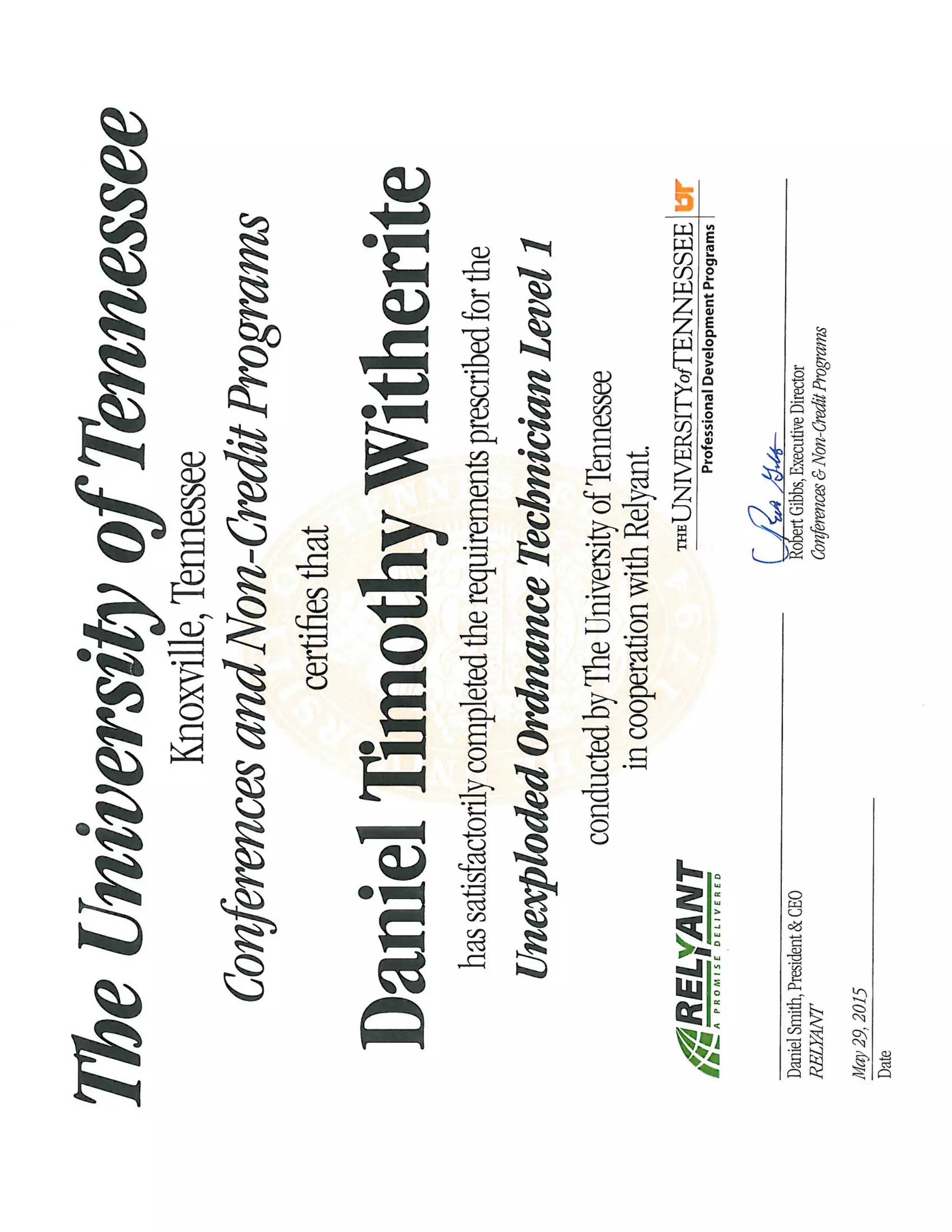 Daniel Witherite UT-UXO Certificate | PDF