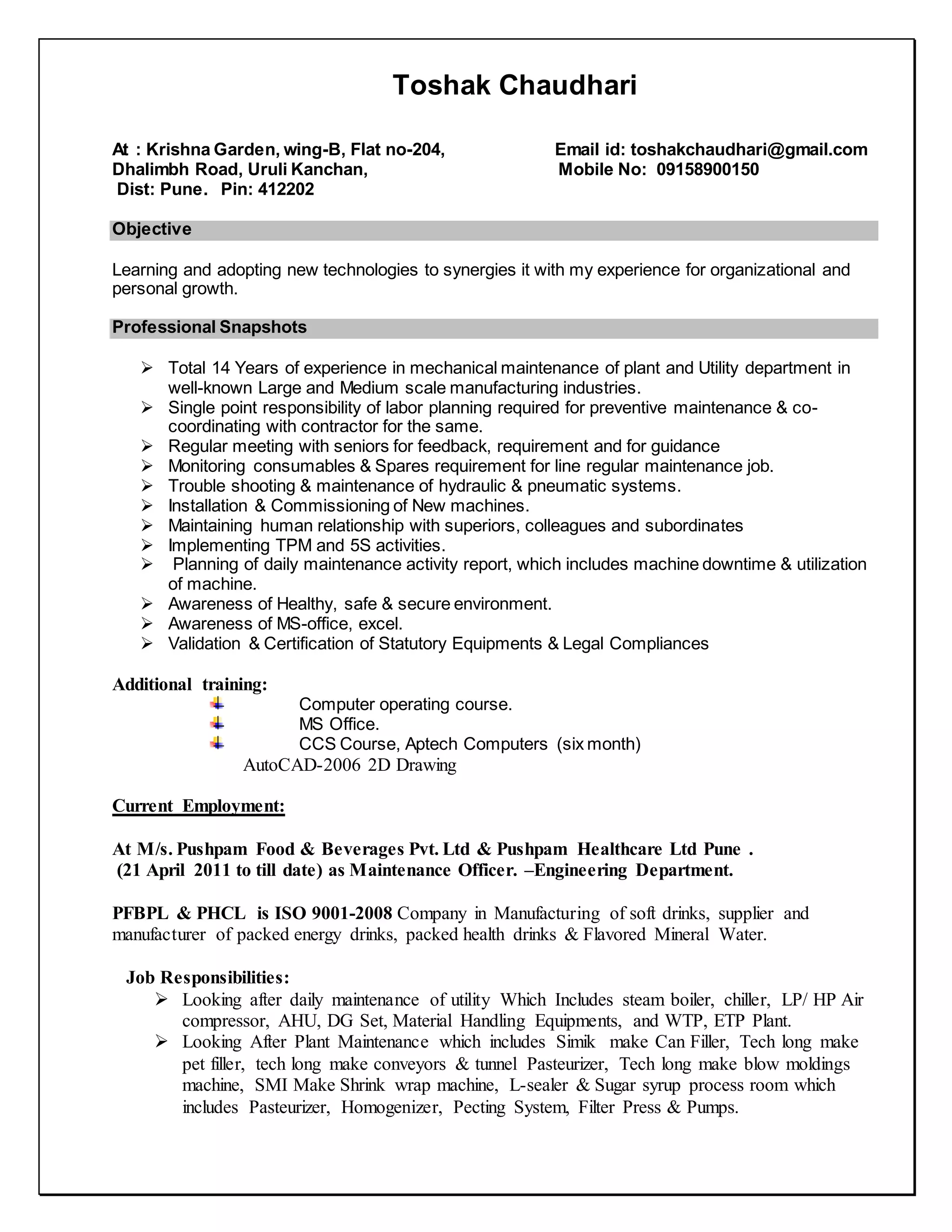 Toshak Chaudhari Resume | DOCX