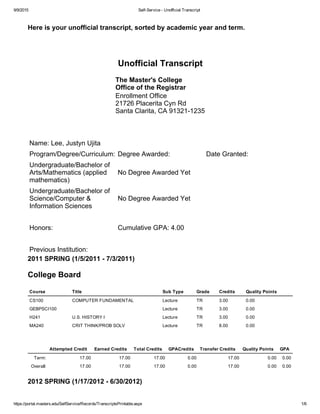 Unofficial Transcript Fall 2015 | PDF