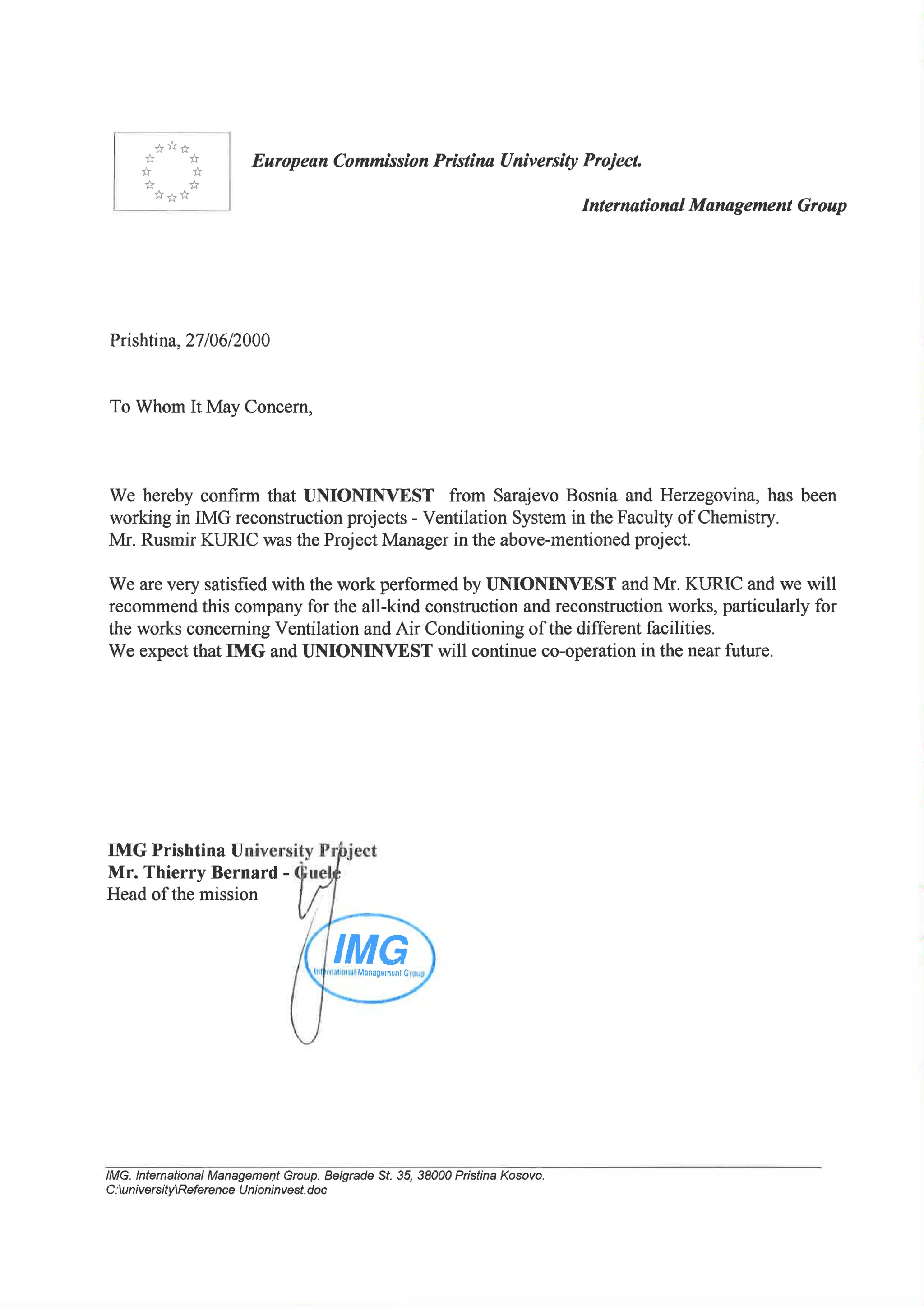 Recommendation Letter IMG Project Manager | PDF
