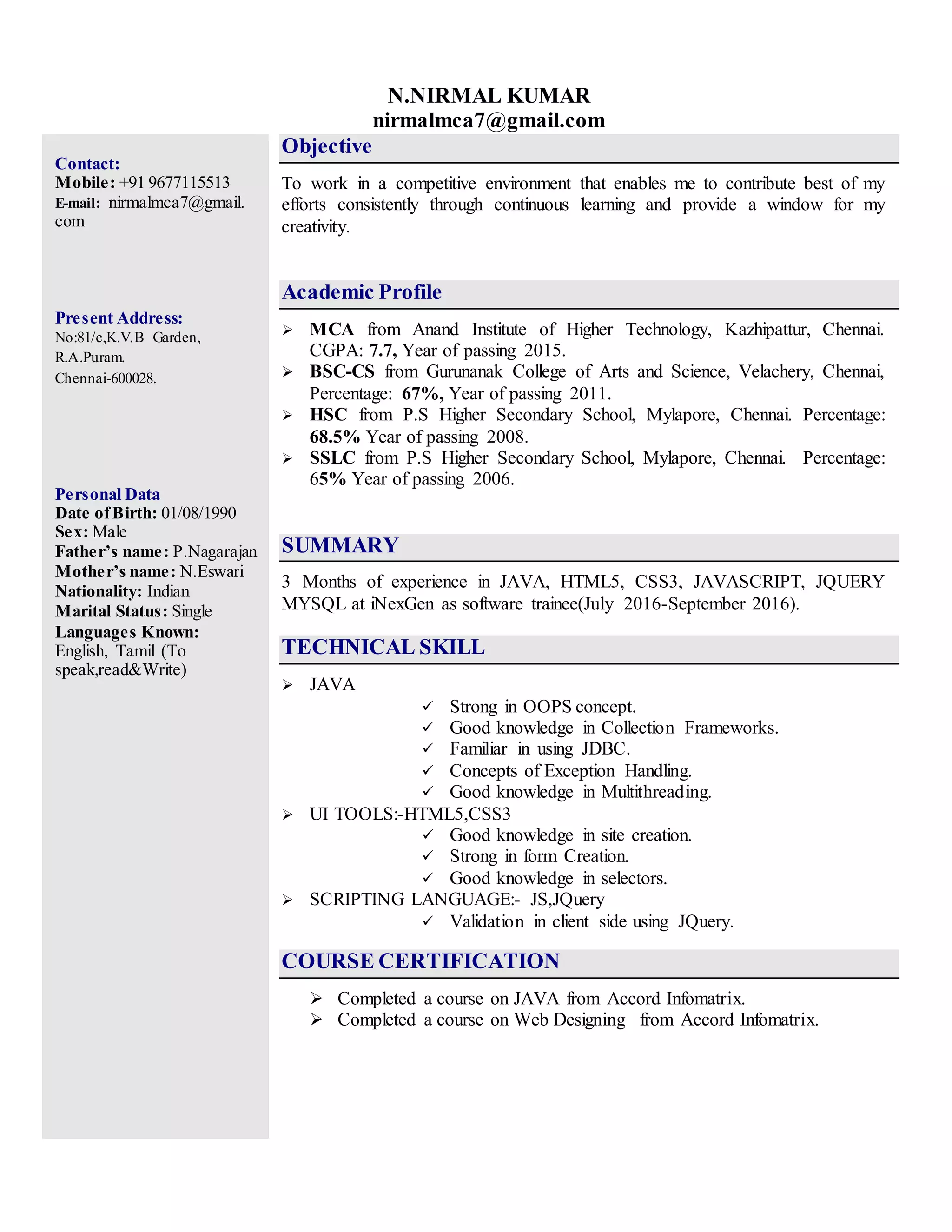 Nirmal resume | DOCX