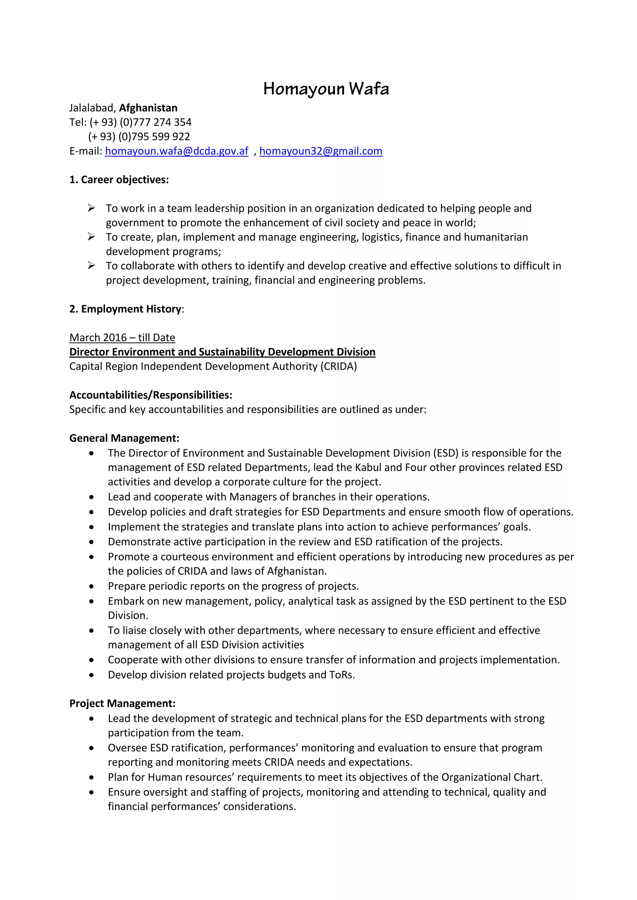 CV Homayoun WAFA Updated 2016 | PDF | Human Resources | Business