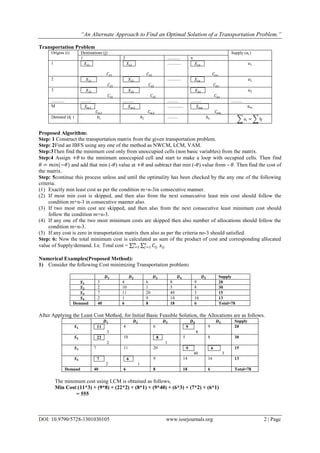 “An Alternate Approach to Find an Optimal Solution of a Transportation ...