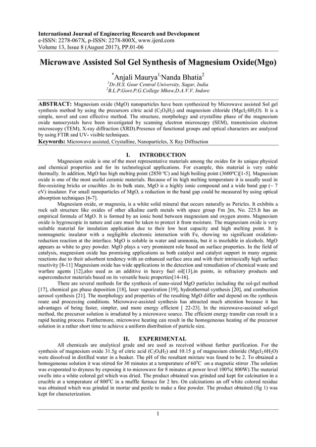 Microwave Assisted Sol Gel Synthesis of Magnesium Oxide(Mgo) | PDF