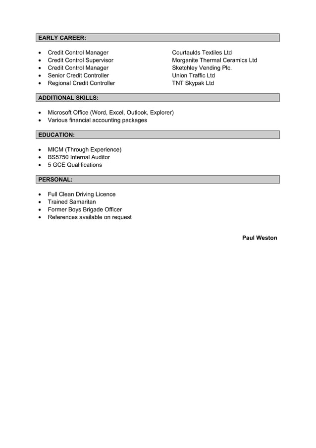 Paul Weston CV October 2015 | DOC