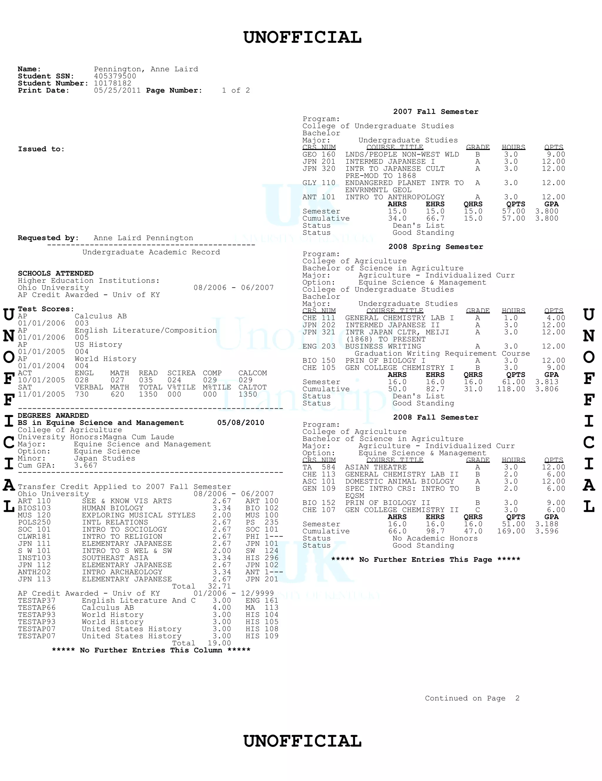 StudentUnofficialTranscript | PDF