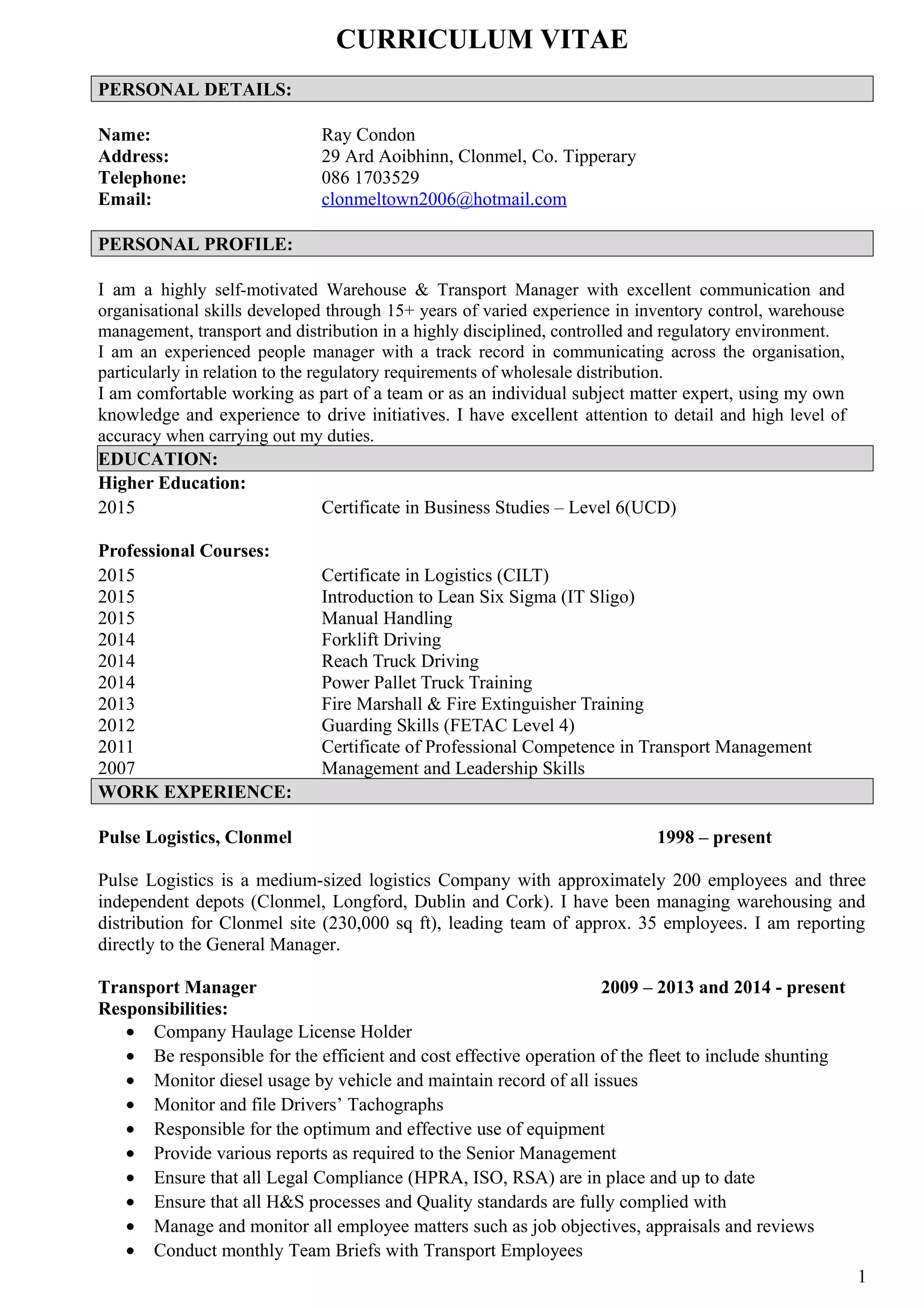 Ray Condon CV | DOC