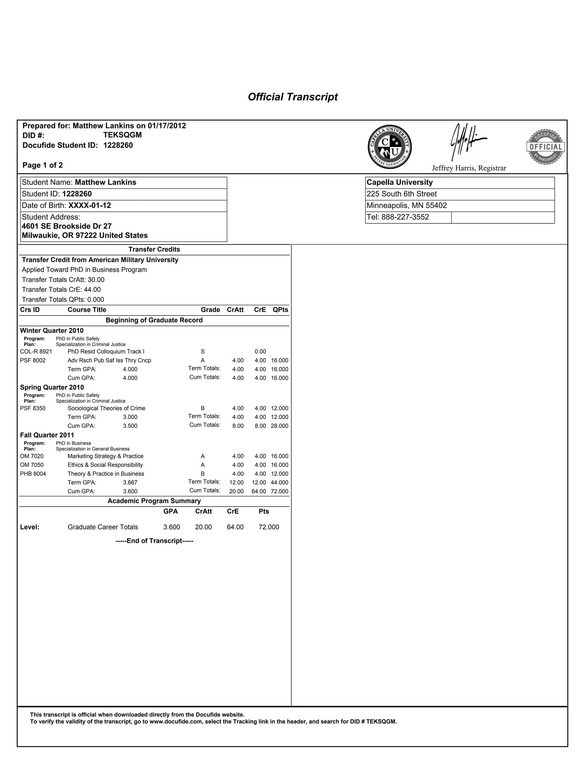 Matts Capella Transcripts | PDF | Professional School | Postgraduate Education