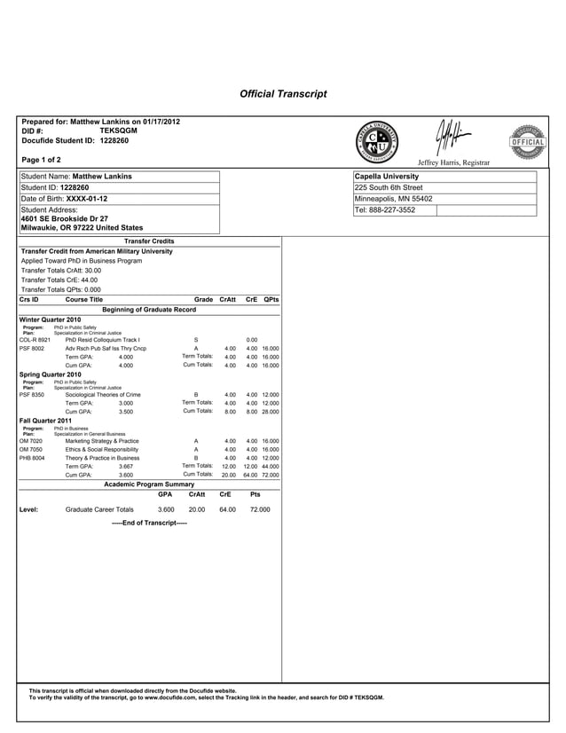 Matts Capella Transcripts | PDF | Professional School | Postgraduate Education
