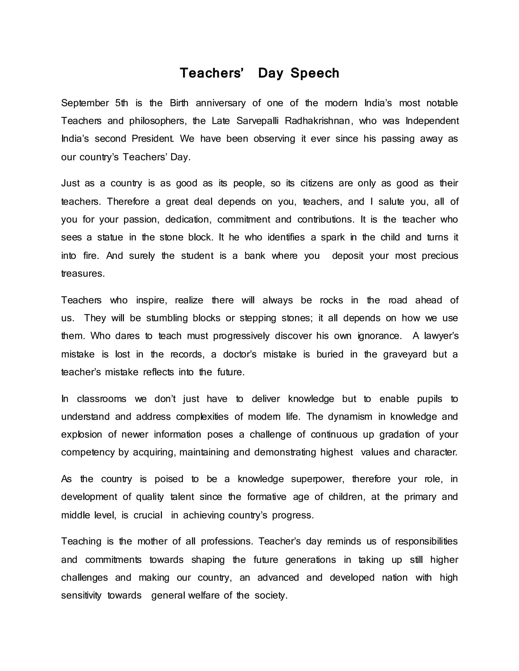 Teachers Day Speech | DOCX