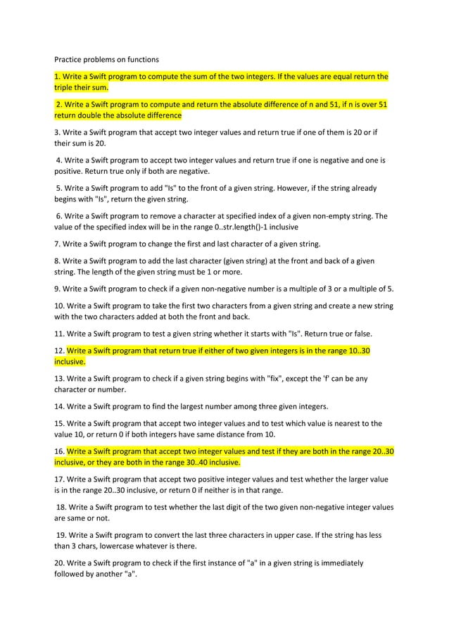 practice problems on functions IN SWIFT | PDF