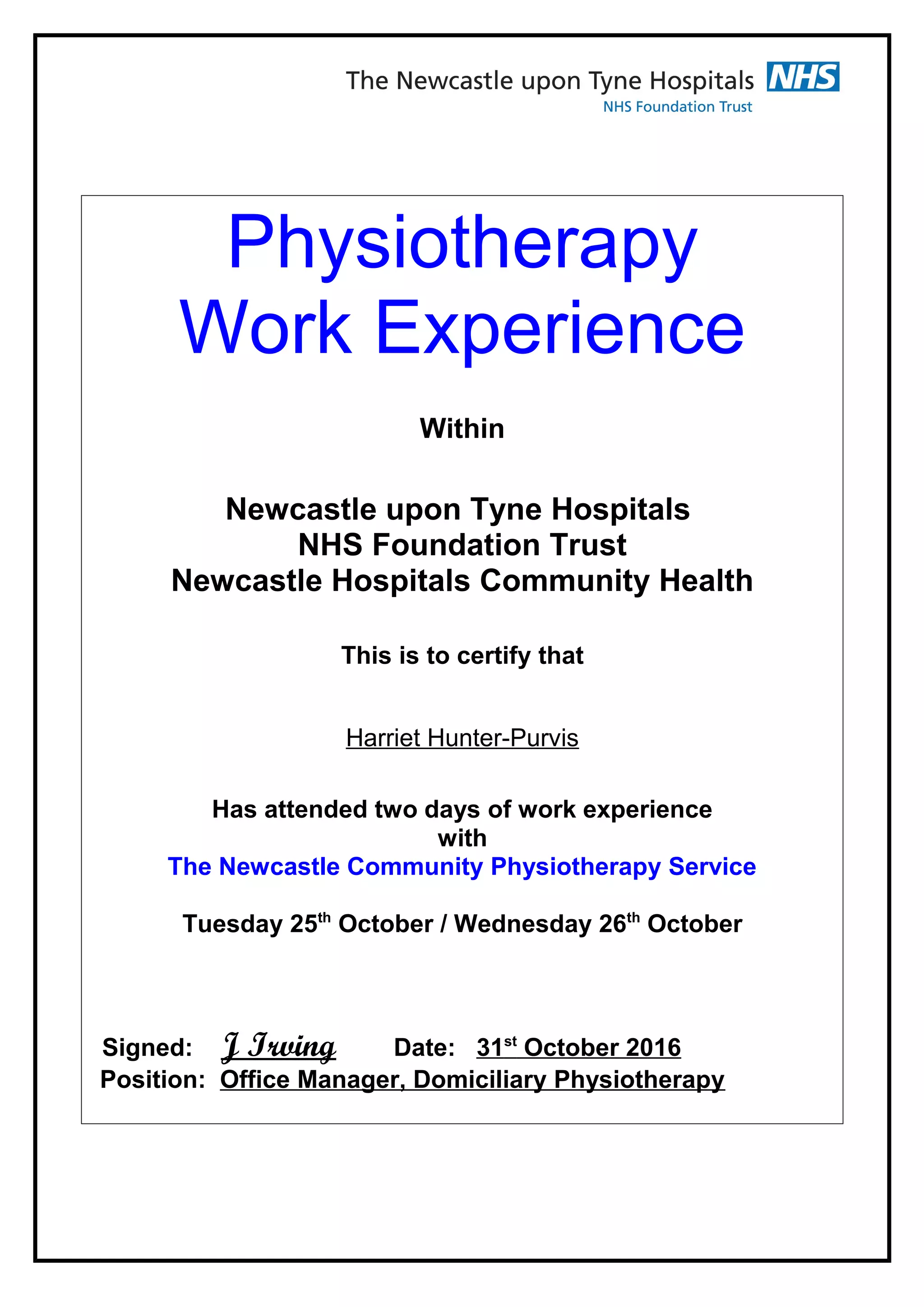 Harriet Hunter-Purvis certificate work experience | DOC