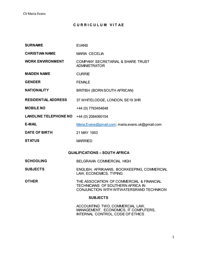 CV Maria Evans 2016 | DOCX | Business Administration | Business