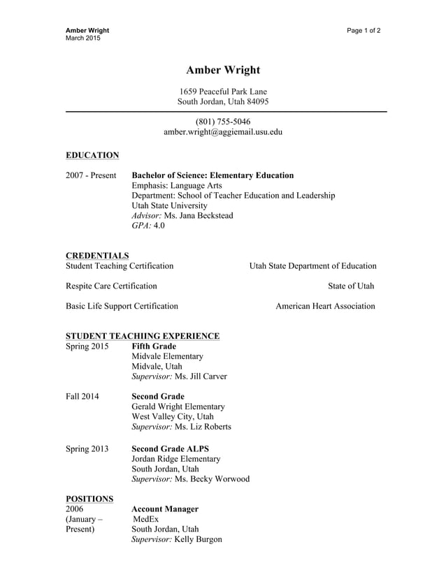 Amber Wright Resume 2015 | PDF | Professional School | Postgraduate Education