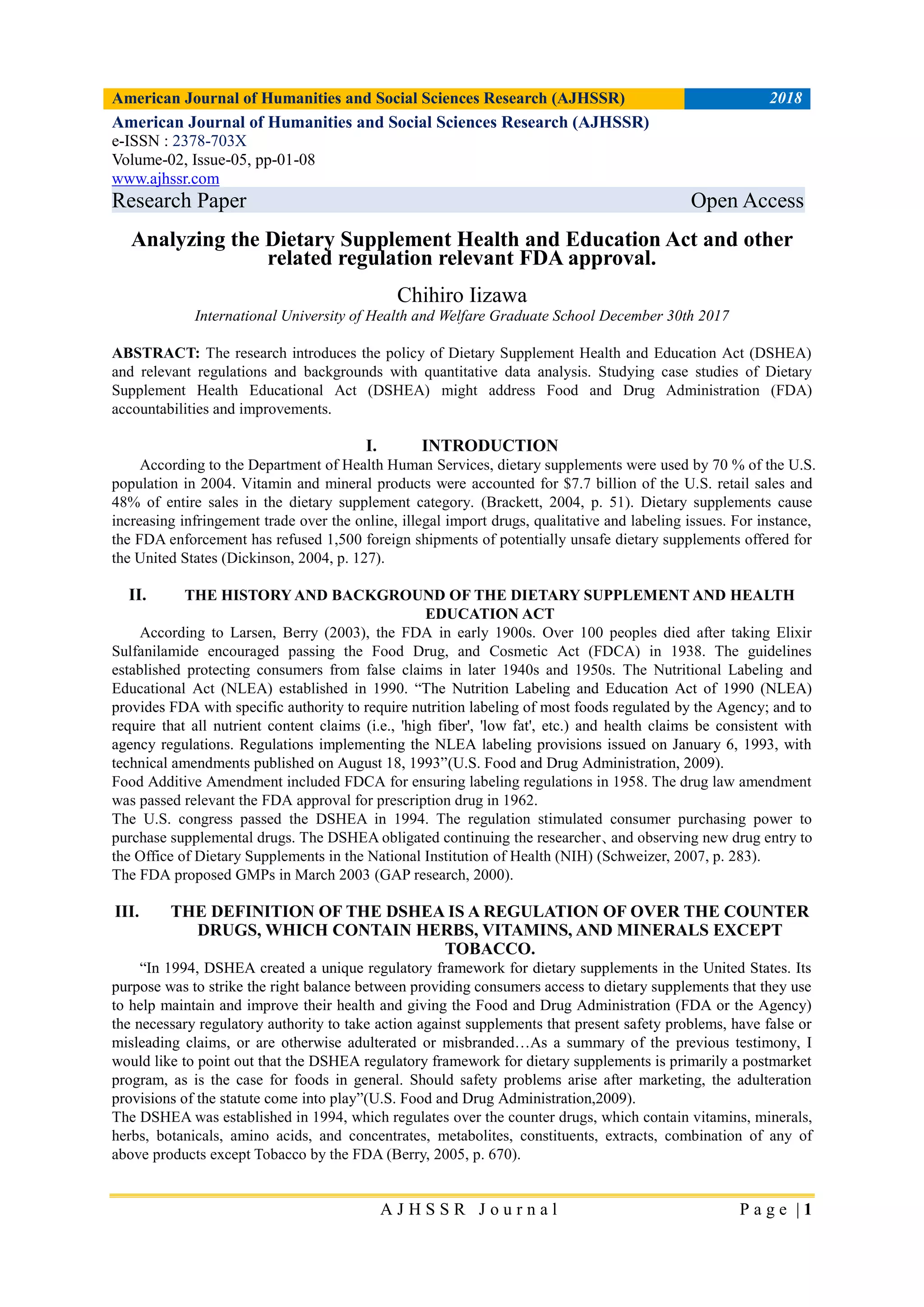 Analyzing the Dietary Supplement Health and Education Act and other ...