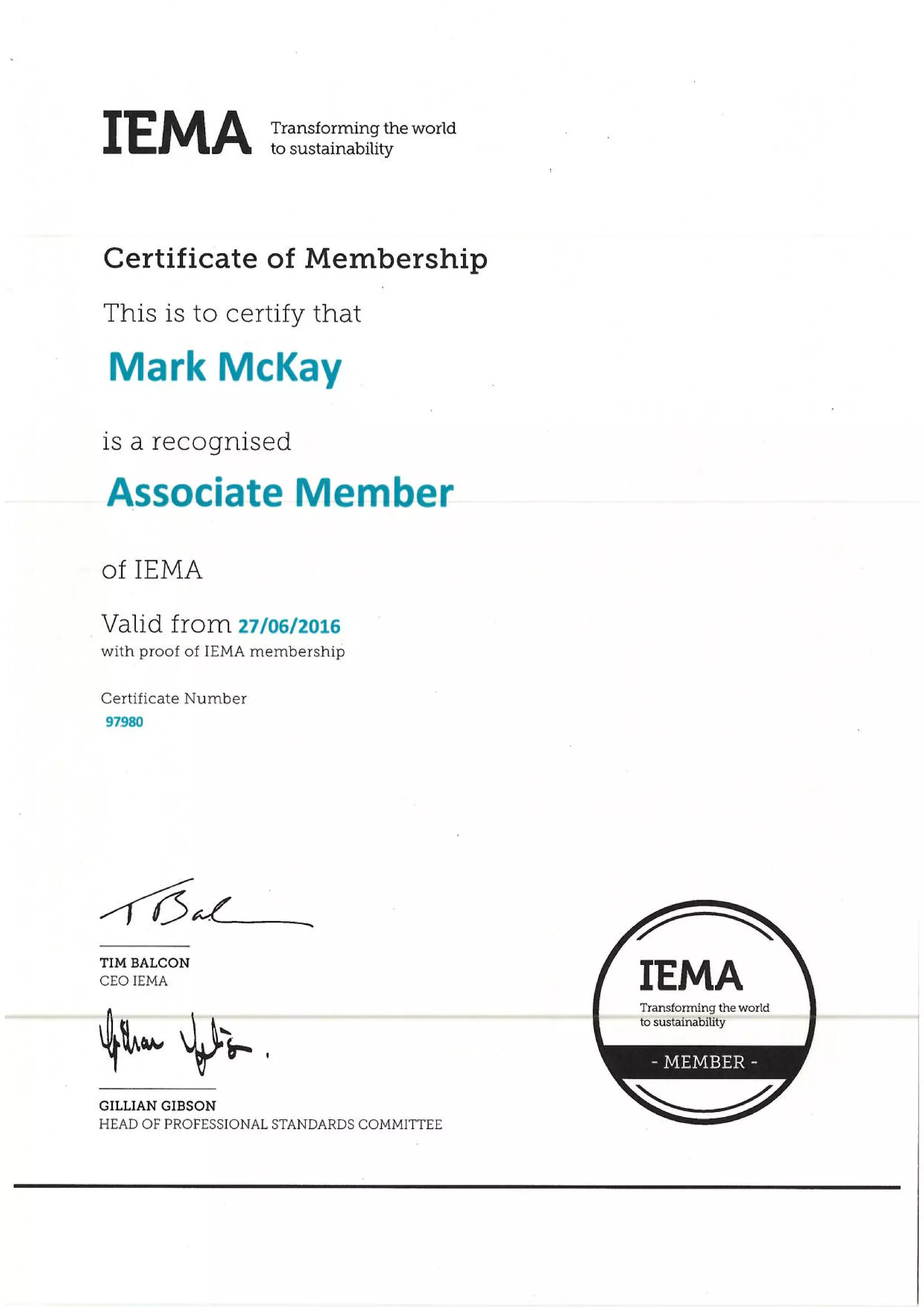IEMA Associate Member Certificate | PDF