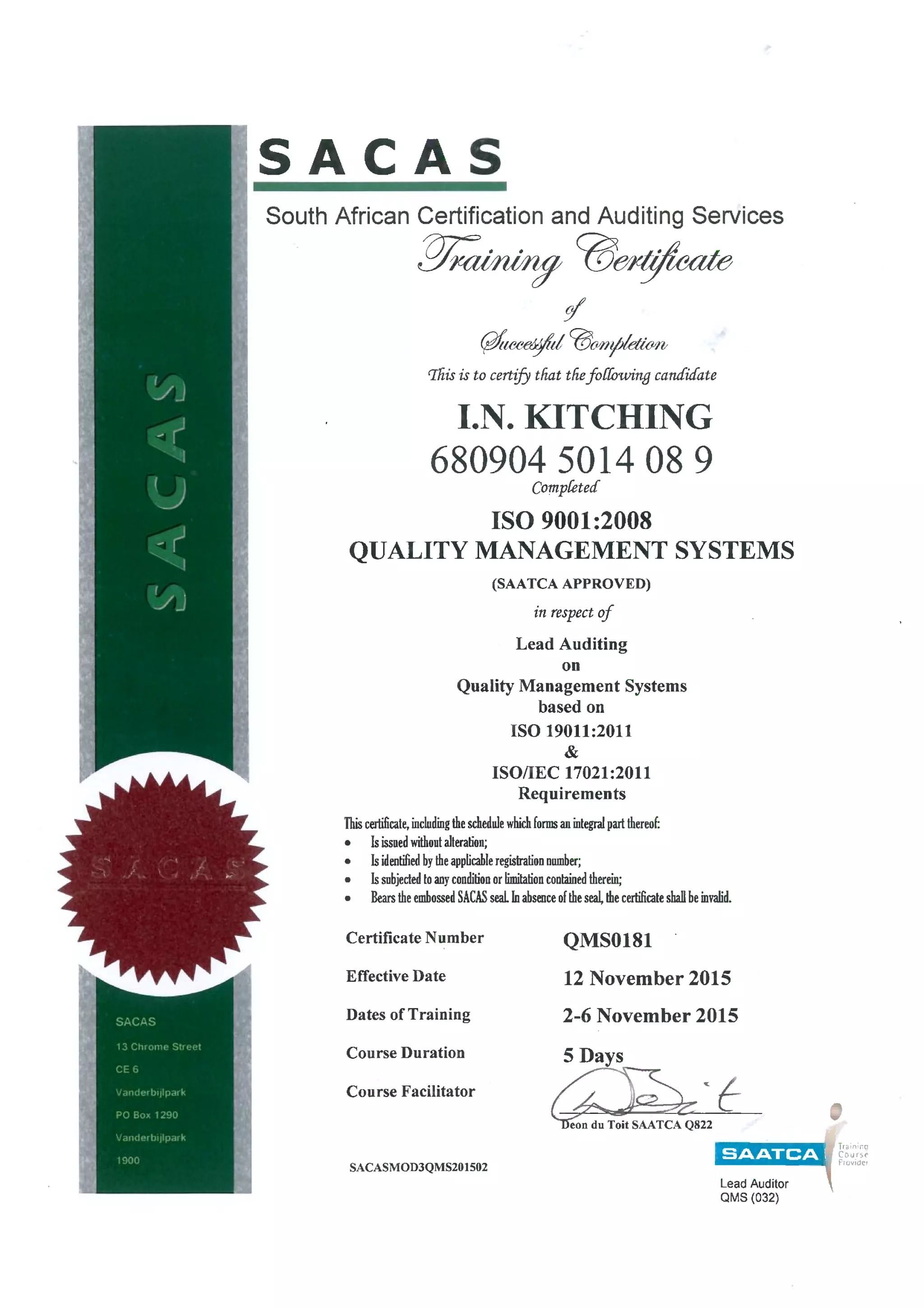 SACAS ISO9001 QMS Lead Auditing certificate 2015 | PDF | Manufacturing ...