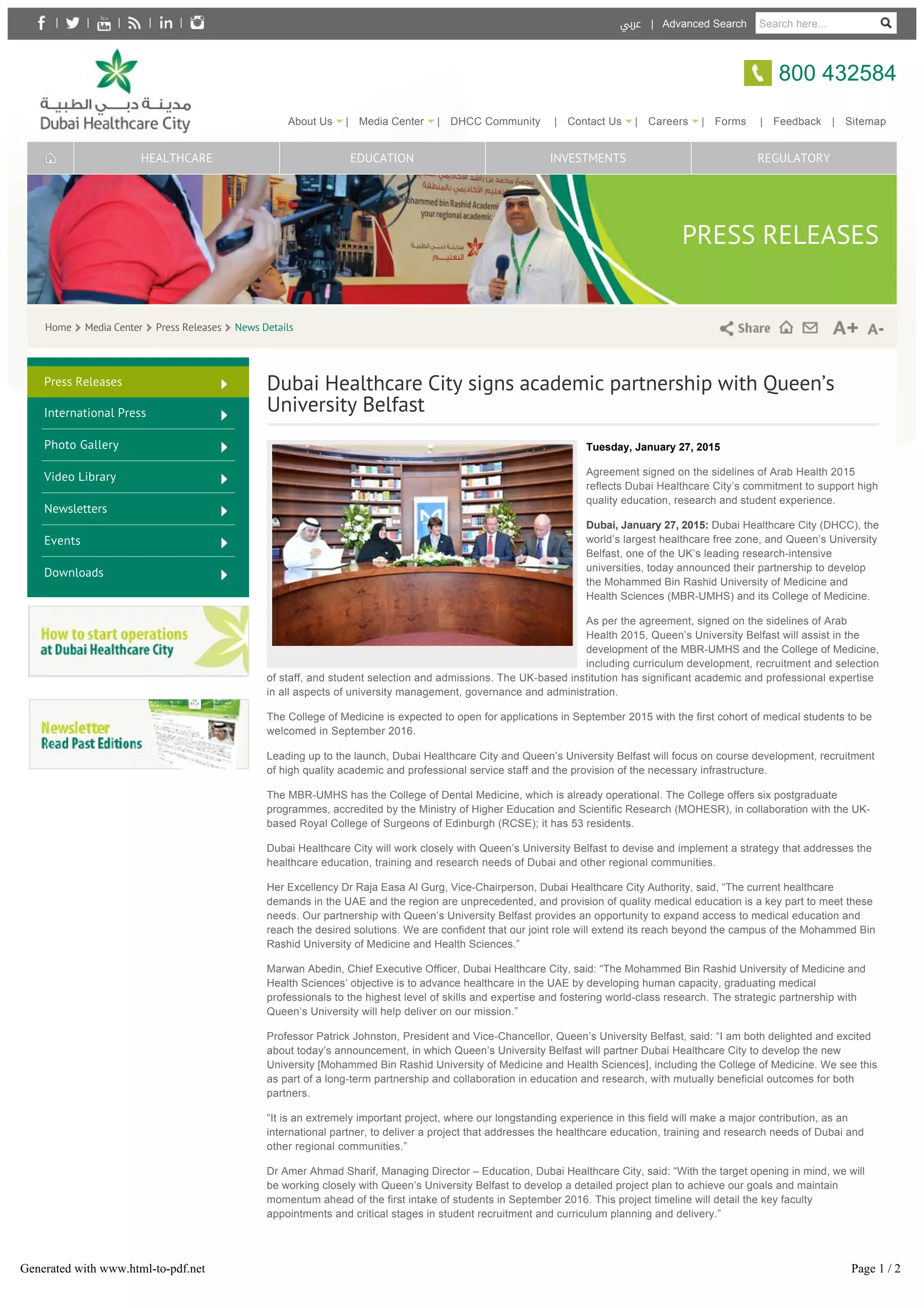 Dubai Healthcare City signs academic partnership with Queen’s | PDF