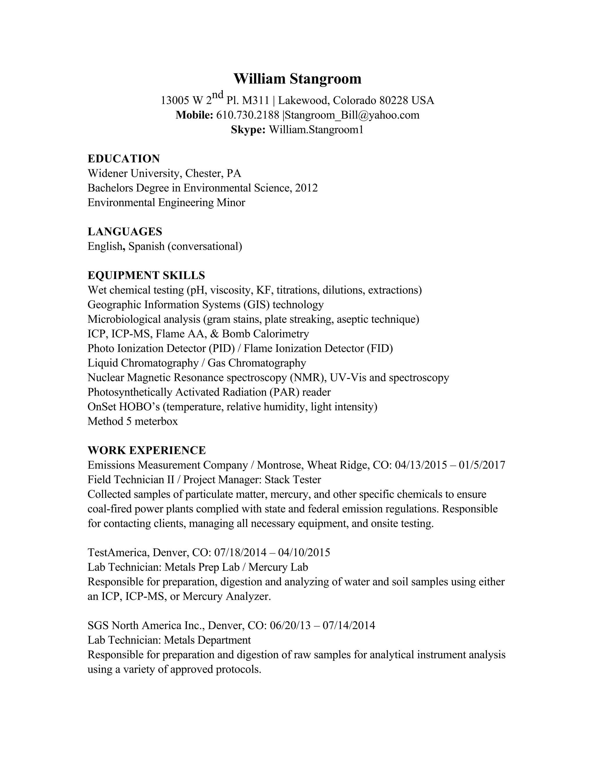 Will.Stangroom - Resume | PDF