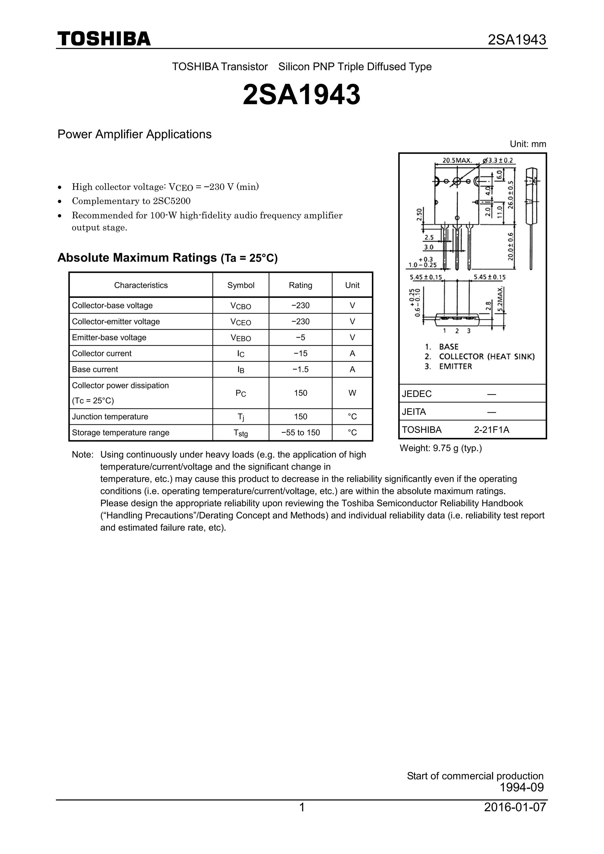 Original PNP Transistor 2SA1943 A1943 TO-3P New Toshiba | PDF