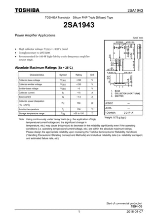 Original PNP Transistor 2SA1943 A1943 TO-3P New Toshiba | PDF